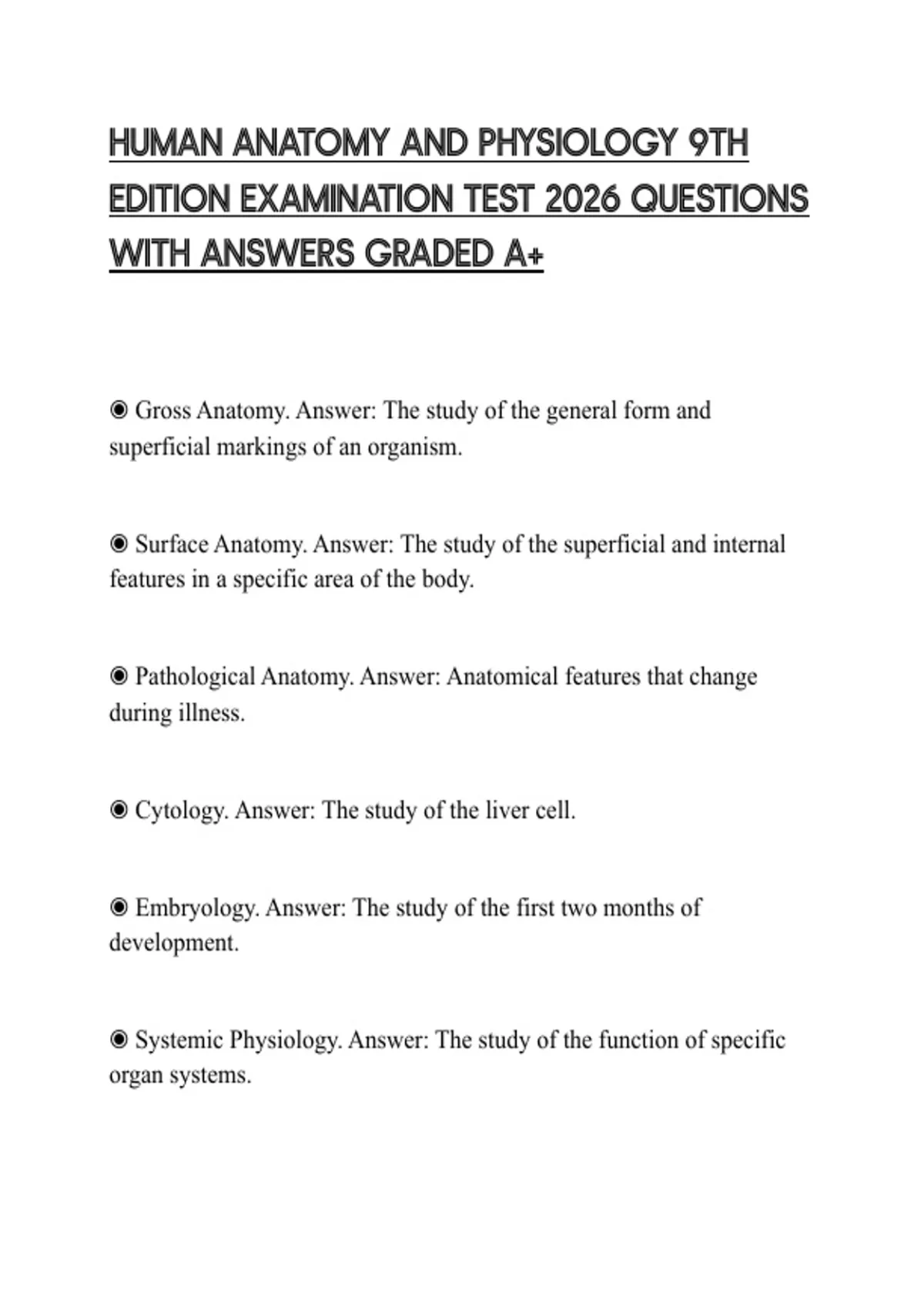 HUMAN ANATOMY AND PHYSIOLOGY 9TH EDITION EXAMINATION TEST 2026 ...