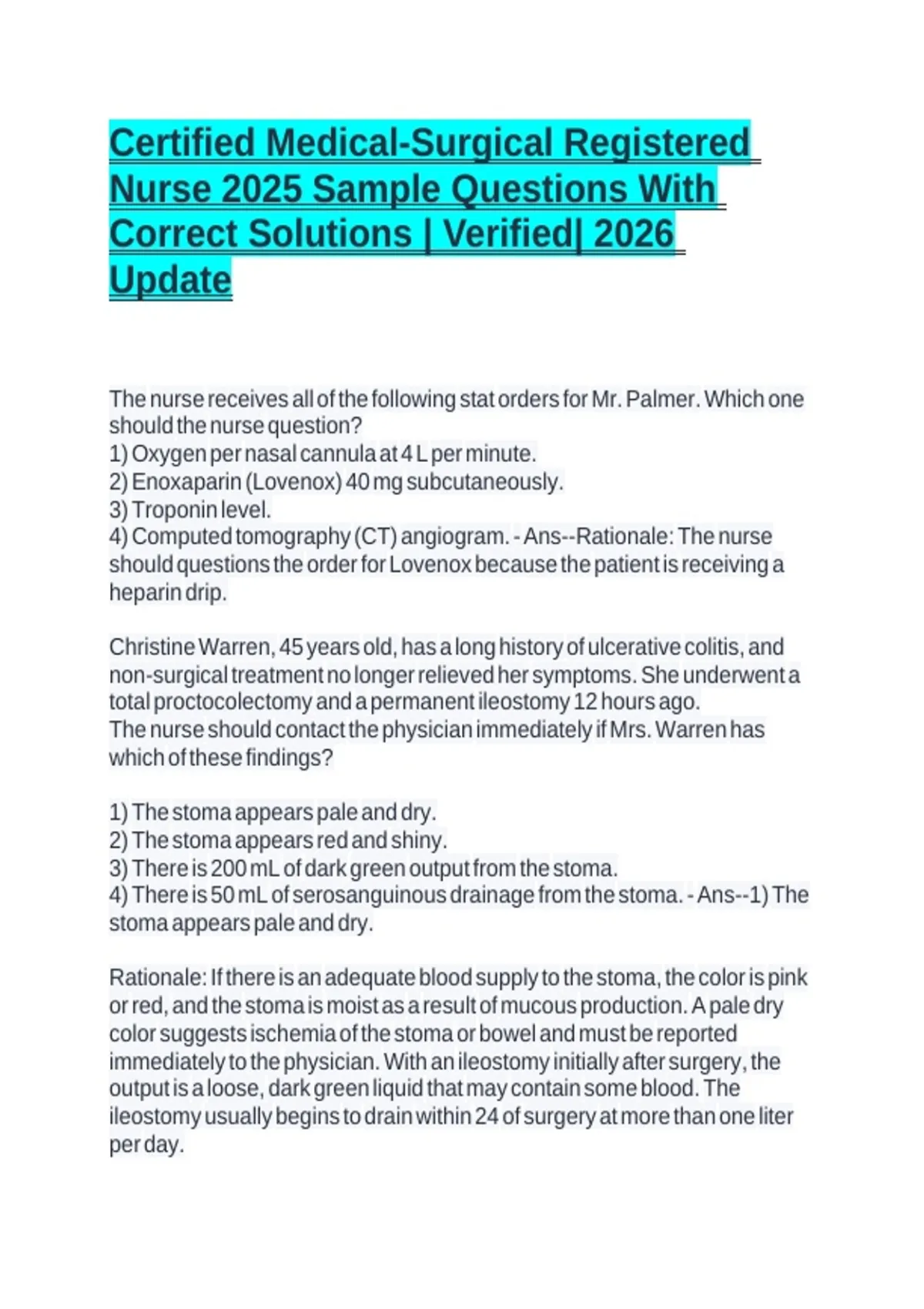 Certified Medical-Surgical Registered Nurse 2025 Sample Questions With ...