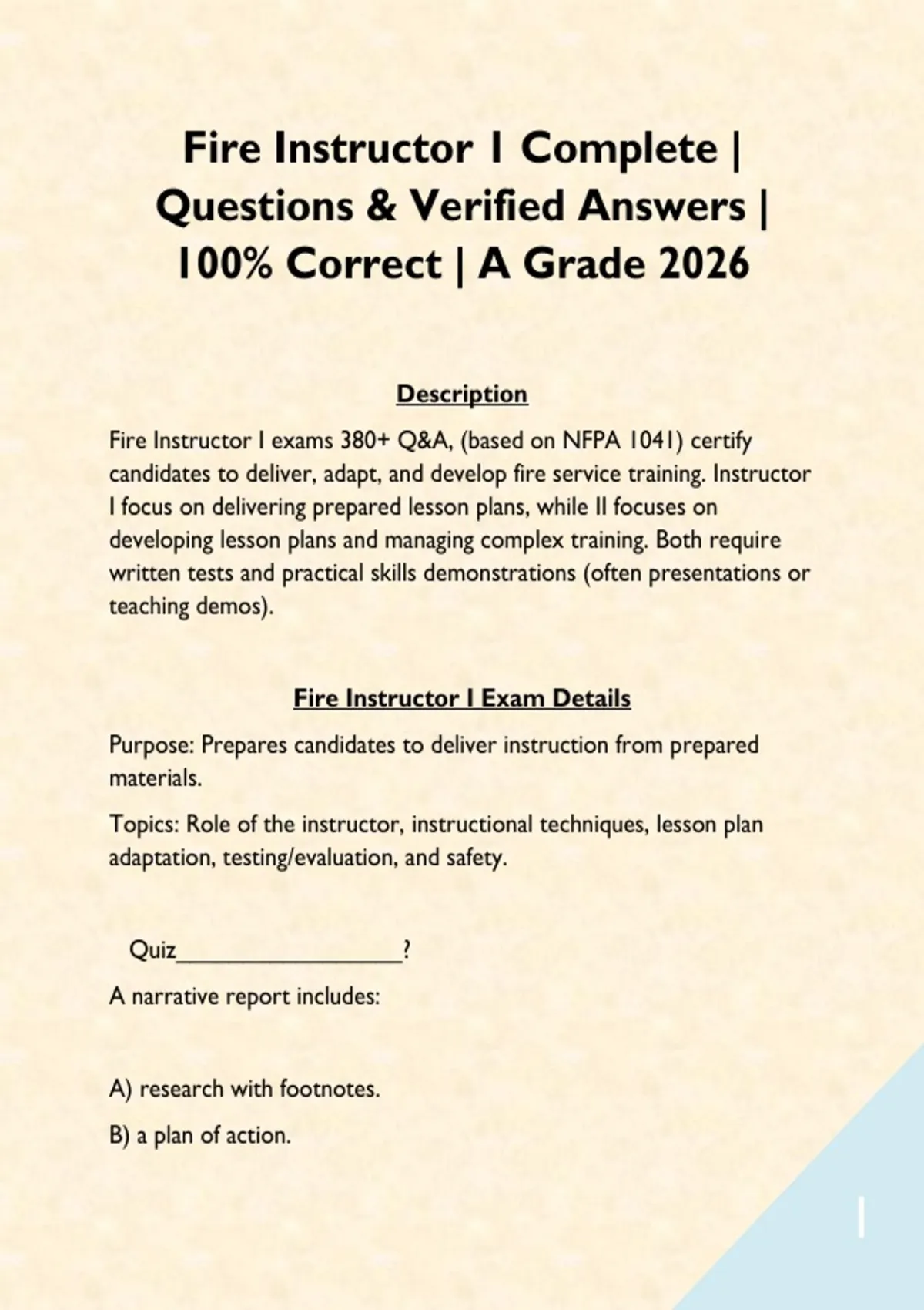 Fire Instructor 1 Complete | Questions & Verified Answers | 100% ...