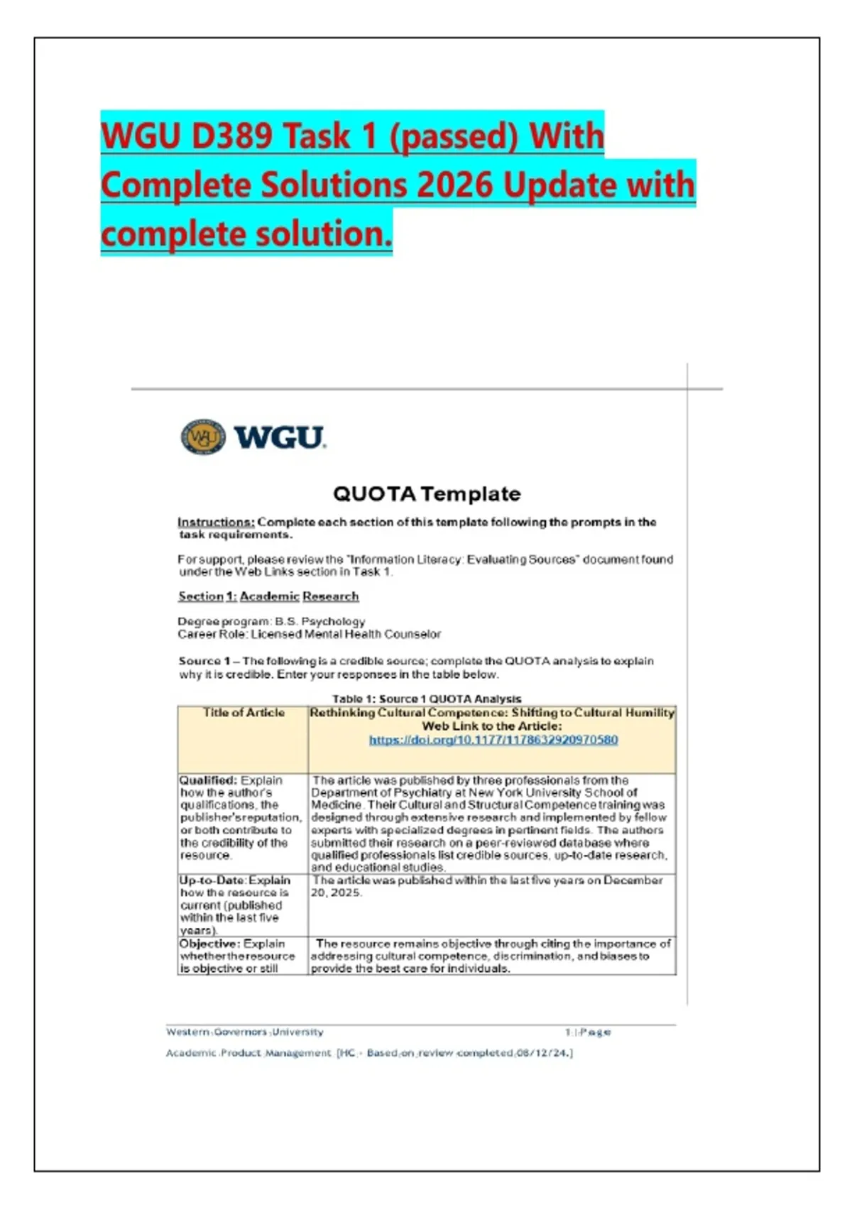 WGU D389 Task 1 (passed) With Complete Solutions 2026 Update with ...