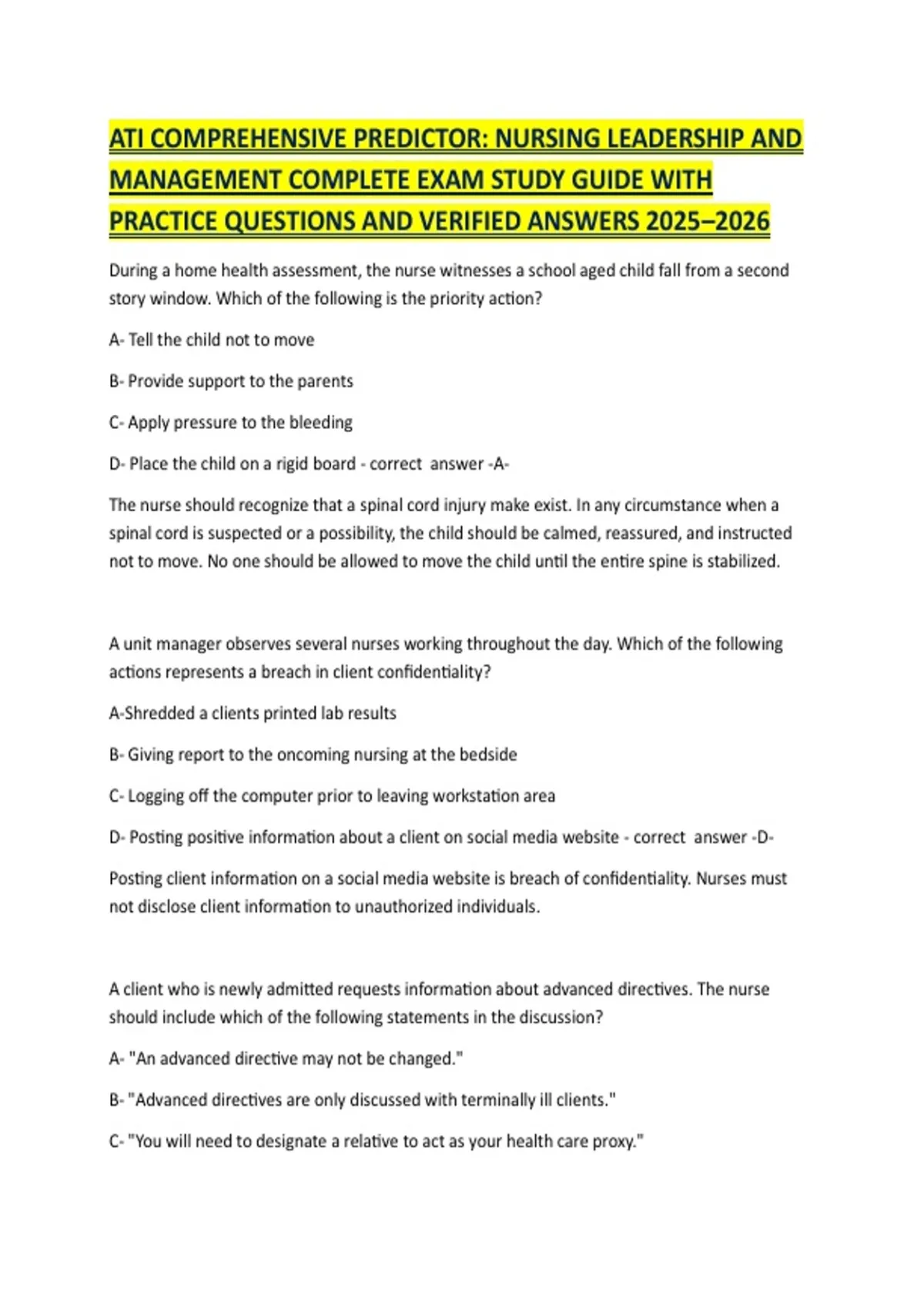 ATI COMPREHENSIVE PREDICTOR: NURSING LEADERSHIP AND MANAGEMENT COMPLETE ...