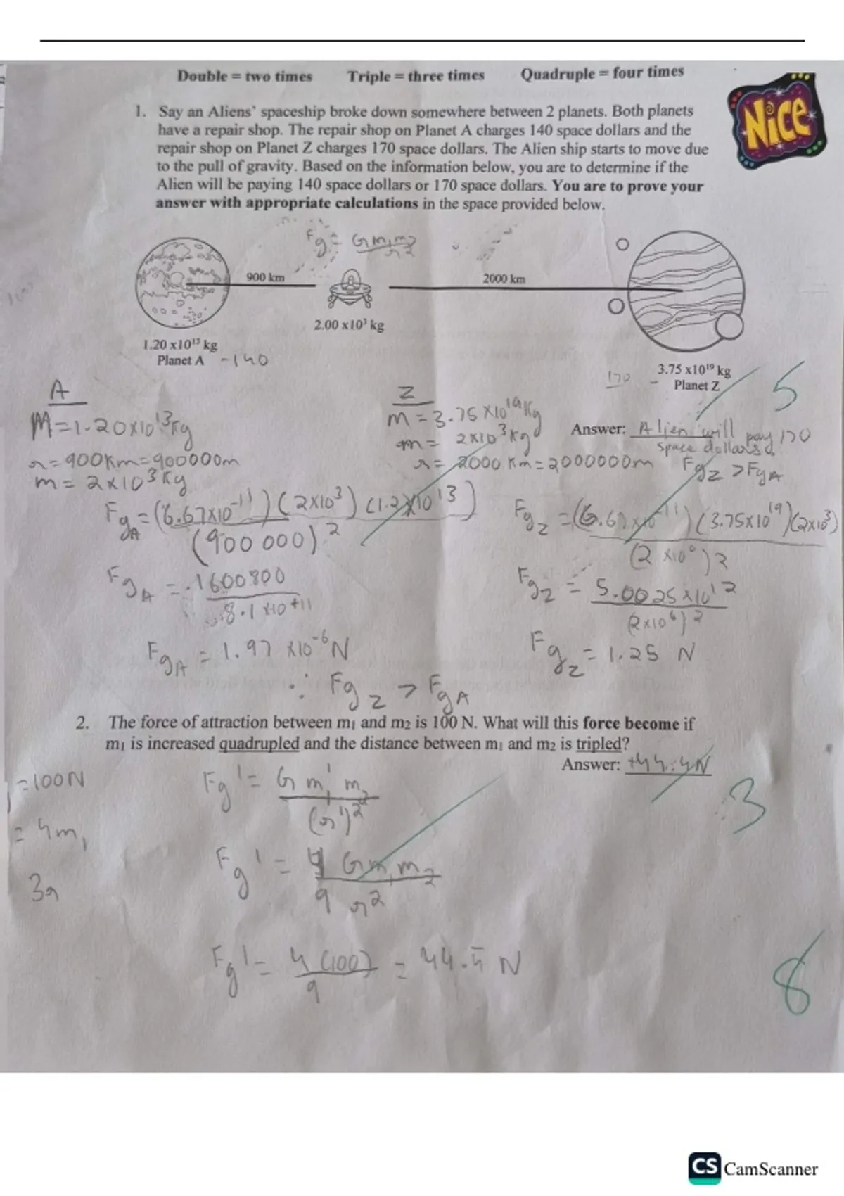 Physics 20 Dynamics Quiz: Gravitational Force Practice Questions (With ...