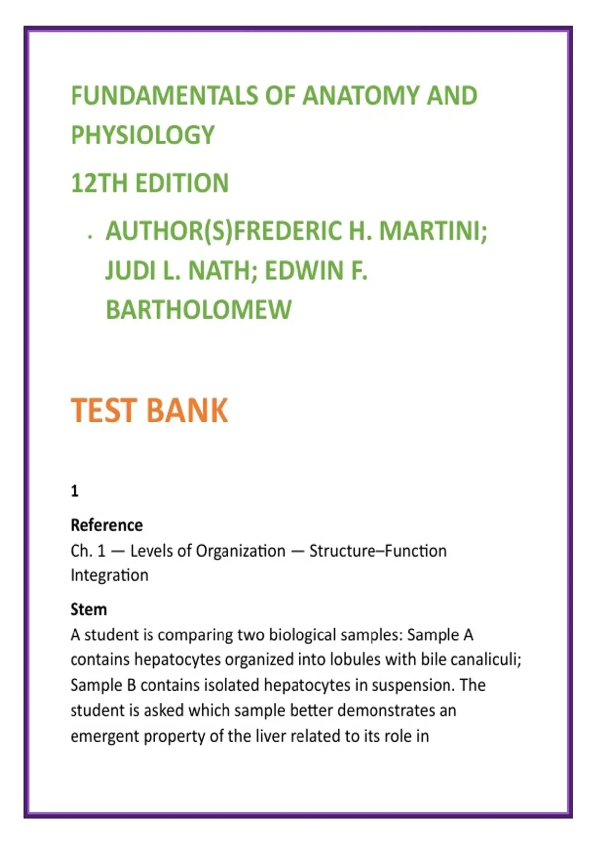 Fundamentals of Anatomy & Physiology 12th Edition Test Bank | Martini A ...