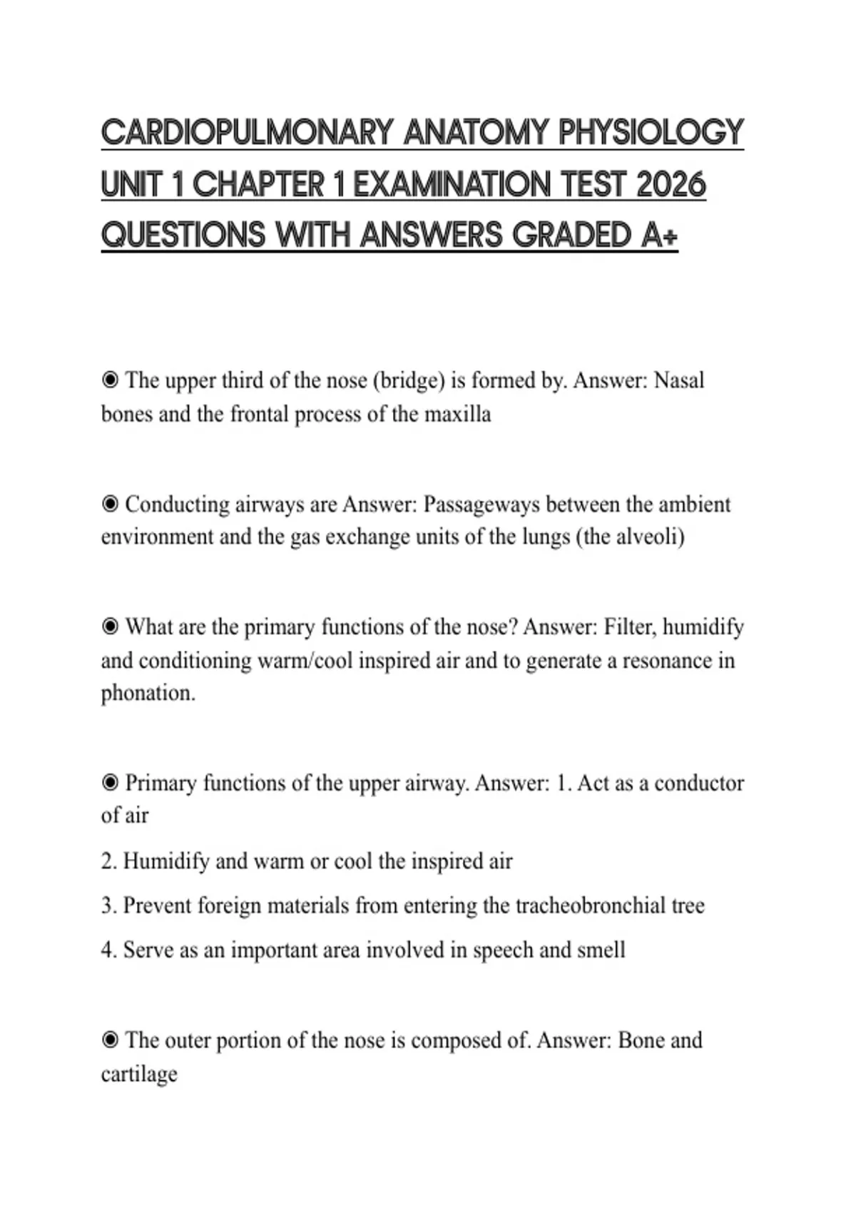 CARDIOPULMONARY ANATOMY PHYSIOLOGY UNIT 1 CHAPTER 1 EXAMINATION TEST ...