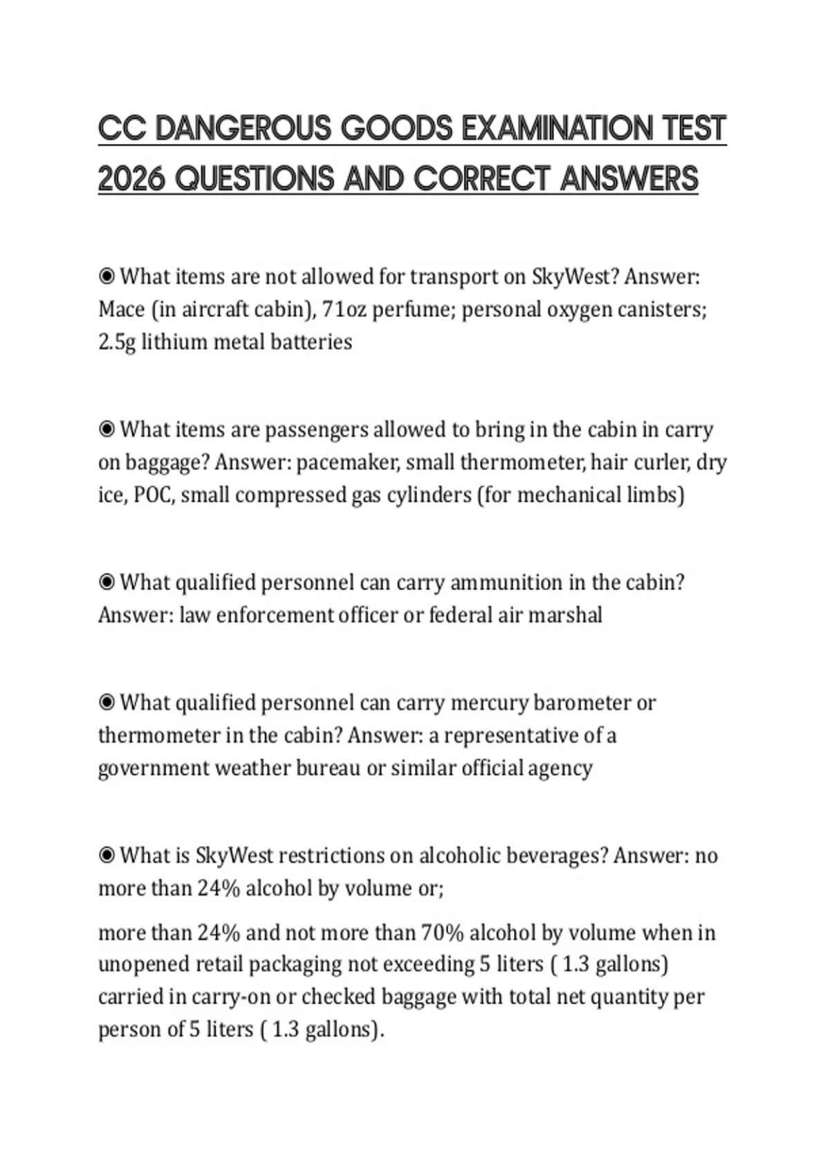 CC DANGEROUS GOODS EXAMINATION TEST 2026 QUESTIONS AND CORRECT ...