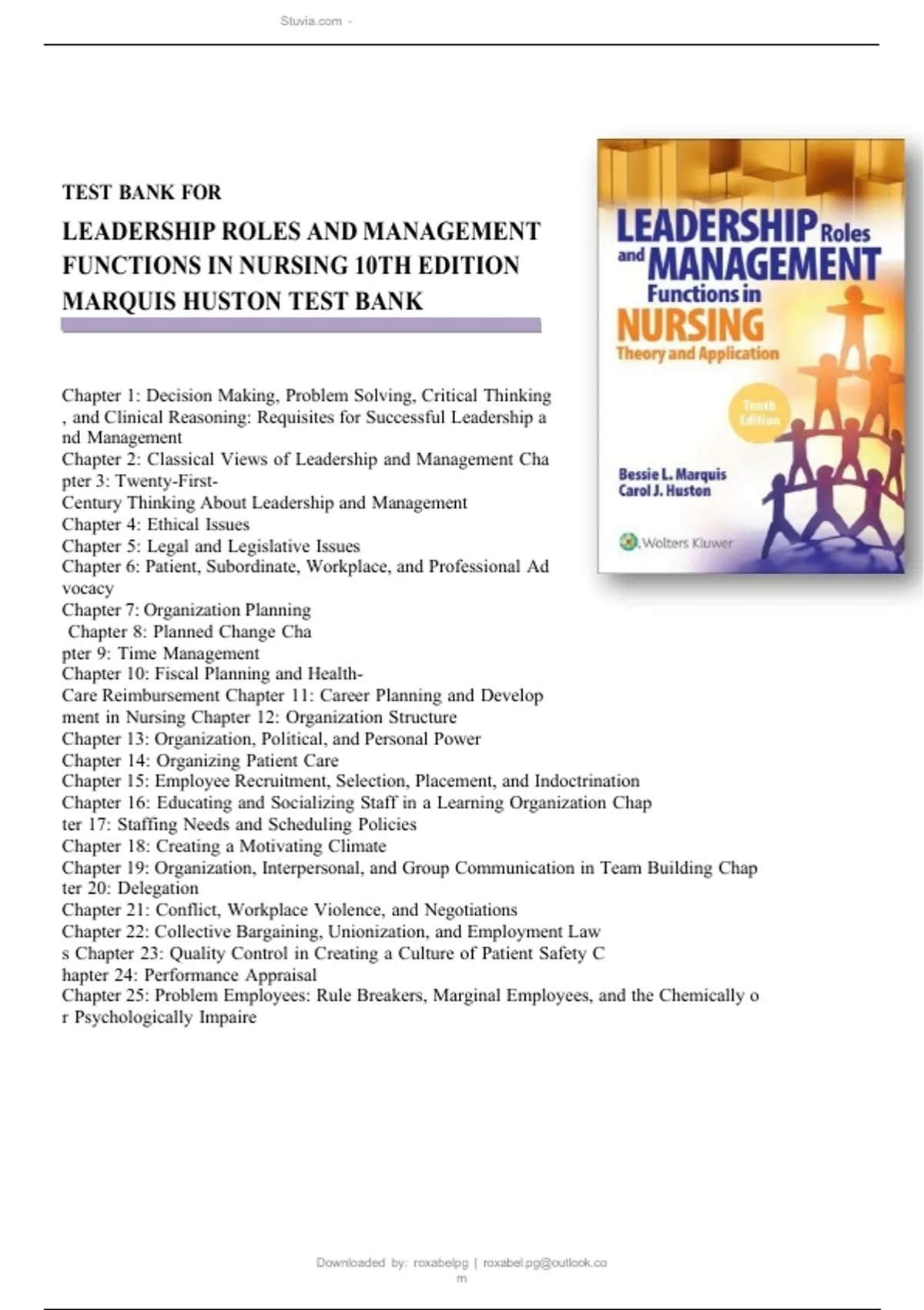 Test Bank for Leadership Roles and Management Functions in Nursing 10th ...
