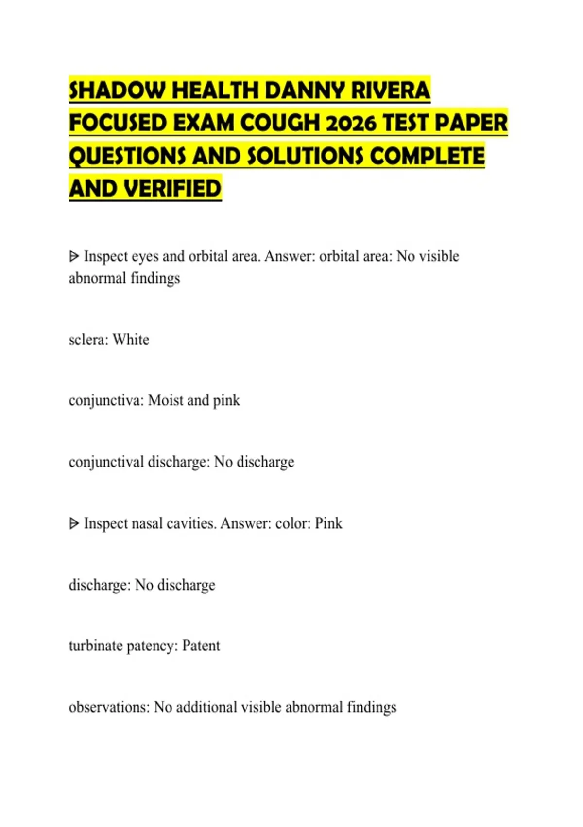SHADOW HEALTH DANNY RIVERA FOCUSED EXAM COUGH 2026 TEST PAPER QUESTIONS ...