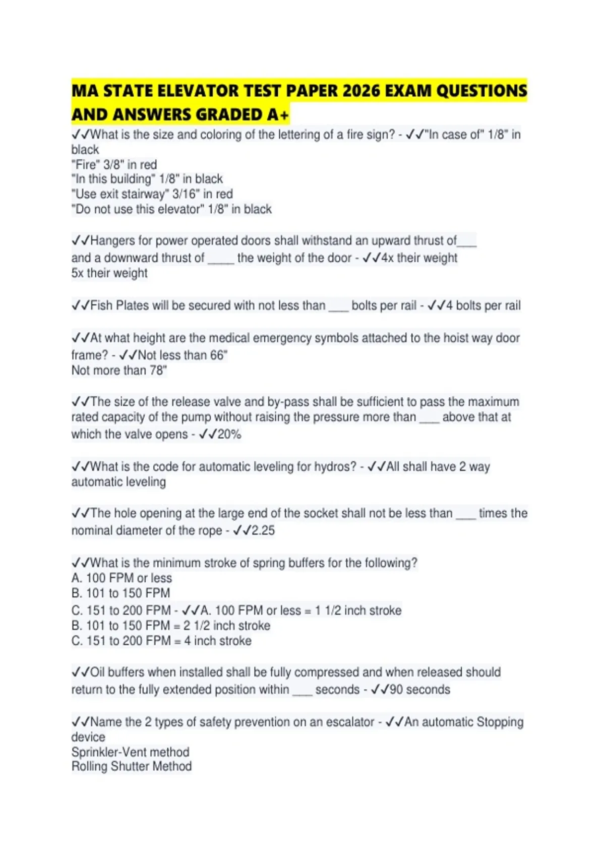 MA STATE ELEVATOR TEST PAPER 2026 EXAM QUESTIONS AND ANSWERS GRADED ...