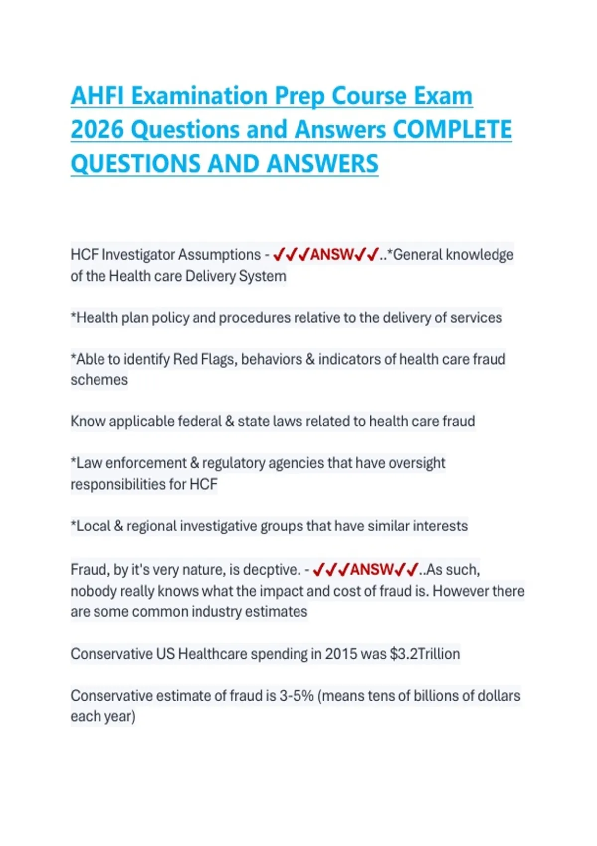AHFI Examination Prep Course Exam 2026 Questions and Answers COMPLETE ...