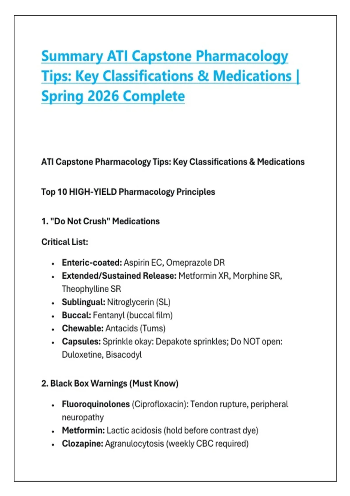 Summary ATI Capstone Pharmacology Tips: Key Classifications ...