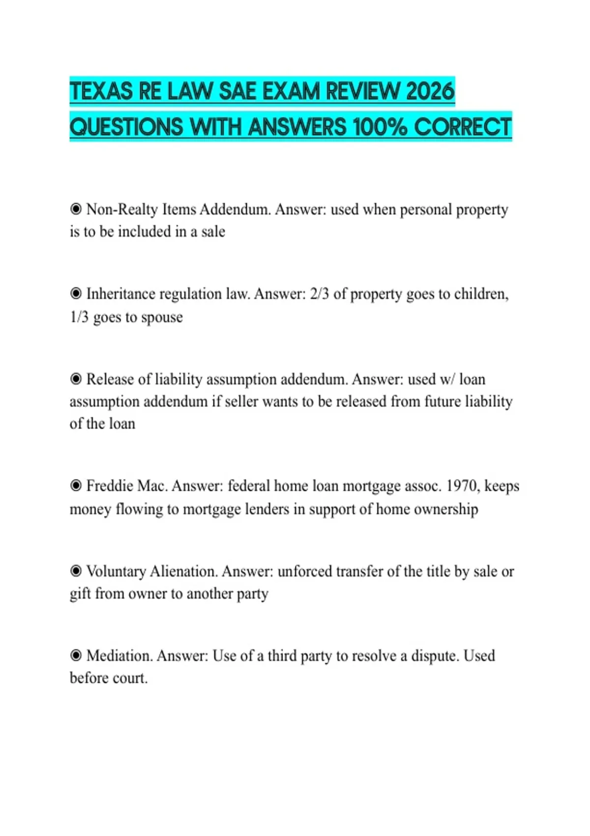 TEXAS RE LAW SAE EXAM REVIEW 2026 QUESTIONS WITH ANSWERS 100% CORRECT ...