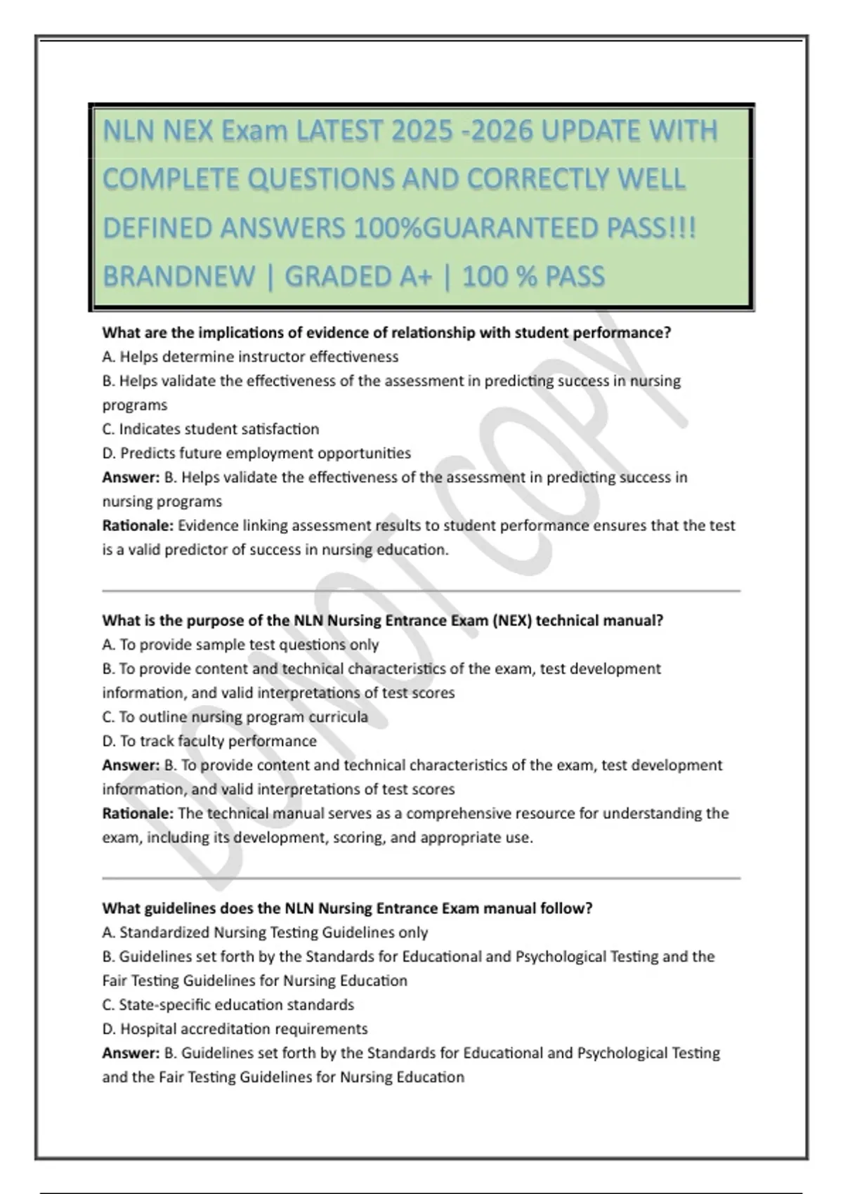 NLN NEX Exam LATEST UPDATE WITH COMPLETE QUESTIONS AND CORRECTLY WELL ...