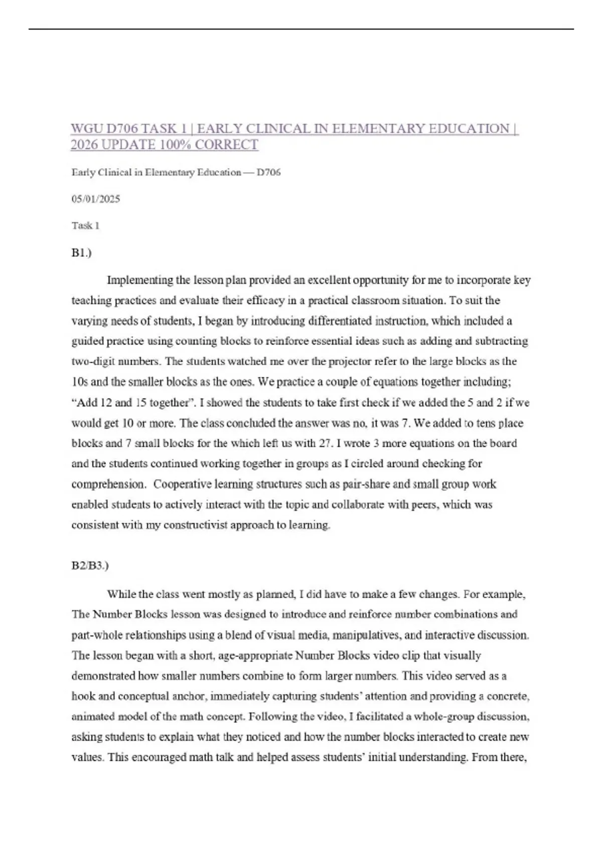 WGU D706 TASK 1 | EARLY CLINICAL IN ELEMENTARY EDUCATION | 2026 UPDATE ...