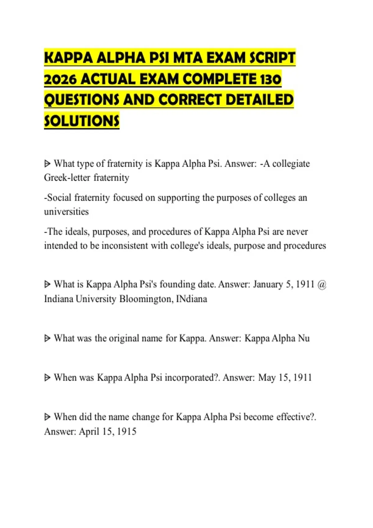 KAPPA ALPHA PSI MTA EXAM SCRIPT 2026 ACTUAL EXAM COMPLETE 130 QUESTIONS ...