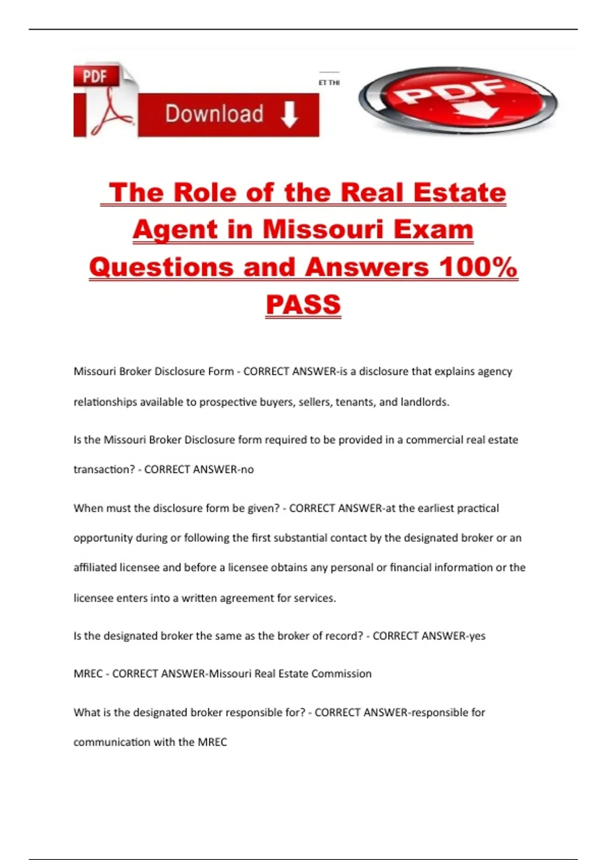 The Role of the Real Estate Agent in Missouri Exam Questions and ...