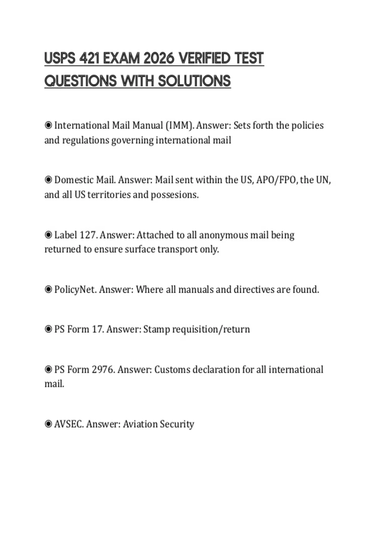 USPS 421 EXAM 2026 VERIFIED TEST QUESTIONS WITH SOLUTIONS - USPS ...