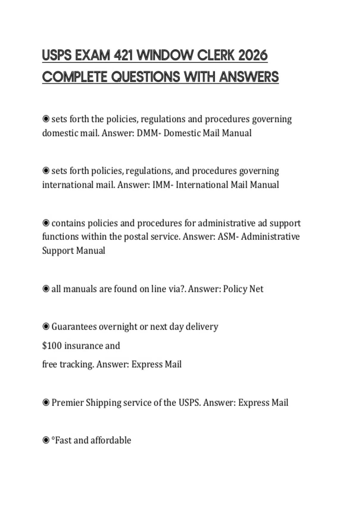 USPS EXAM 421 WINDOW CLERK 2026 COMPLETE QUESTIONS WITH ANSWERS - USPS ...
