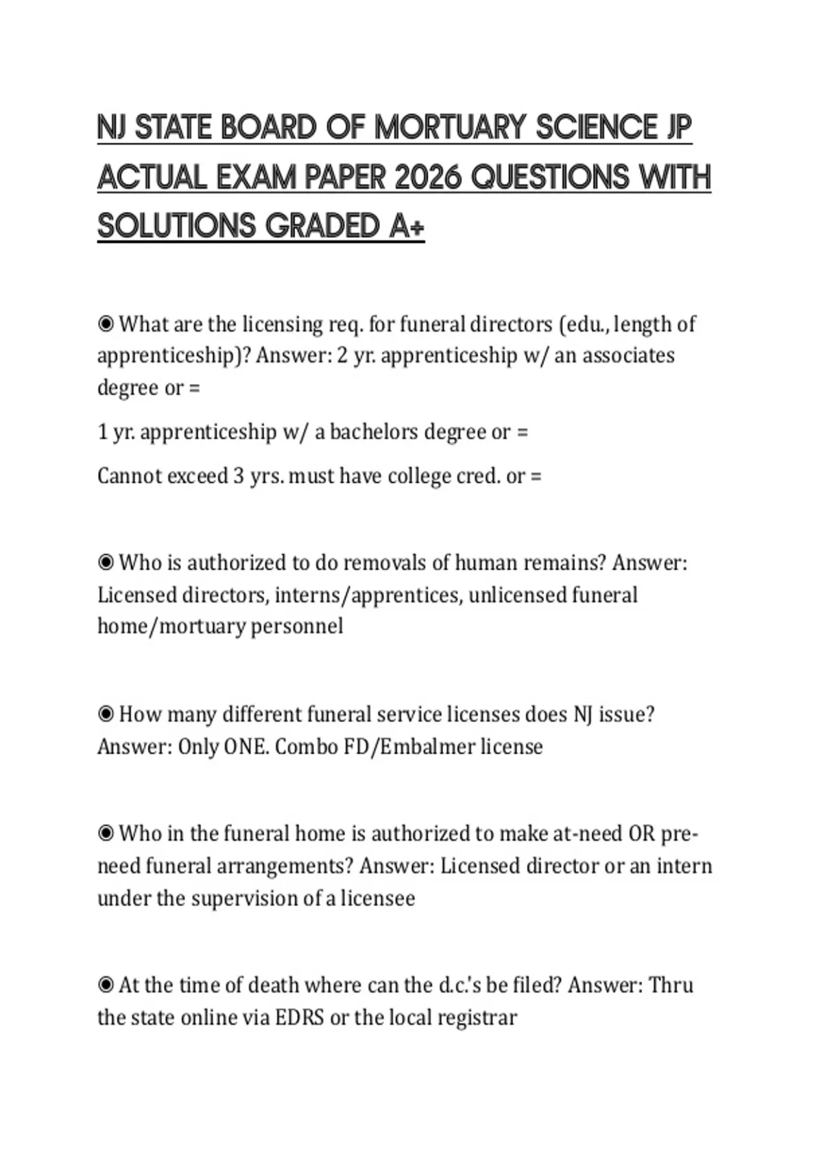 NJ STATE BOARD OF MORTUARY SCIENCE JP ACTUAL EXAM PAPER 2026 QUESTIONS ...