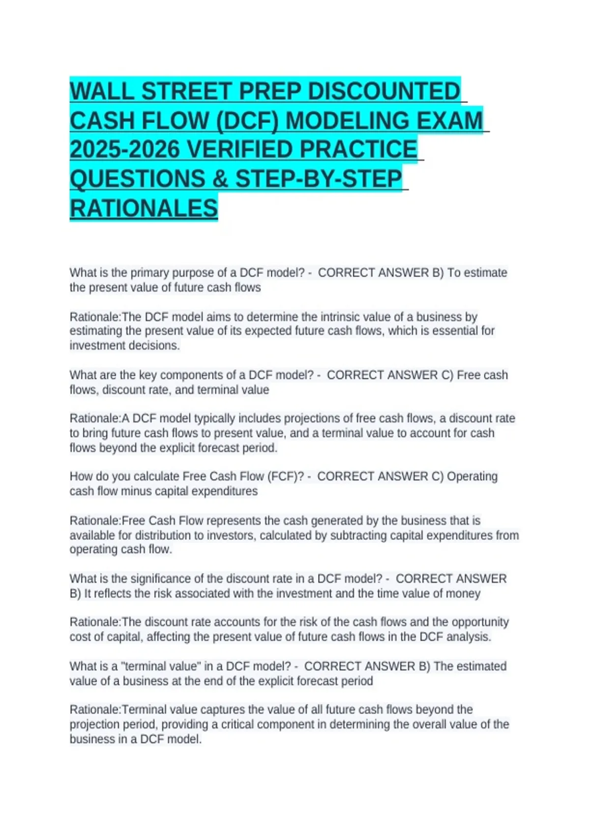 WALL STREET PREP DISCOUNTED CASH FLOW (DCF) MODELING EXAM VERIFIED ...