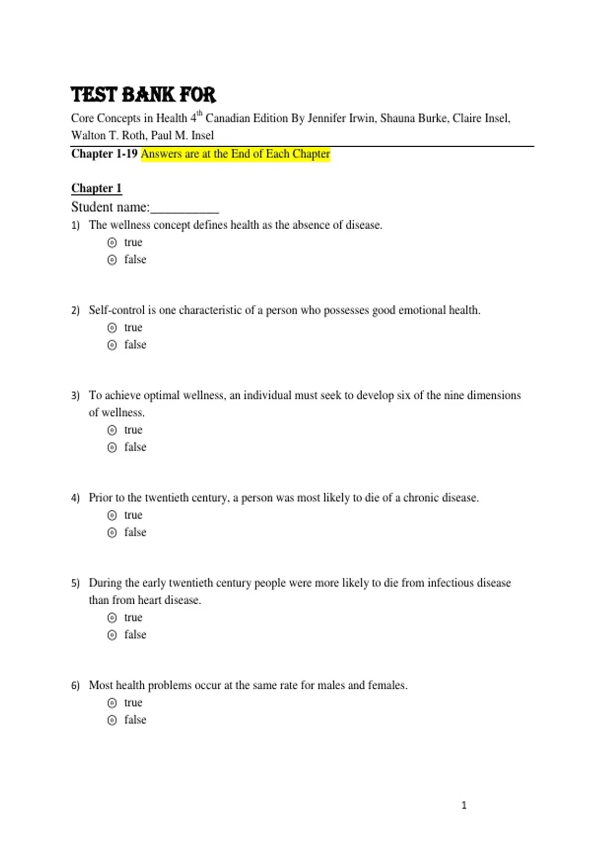 Test Bank For Core Concepts in Health 4th Canadian Edition By Jennifer ...