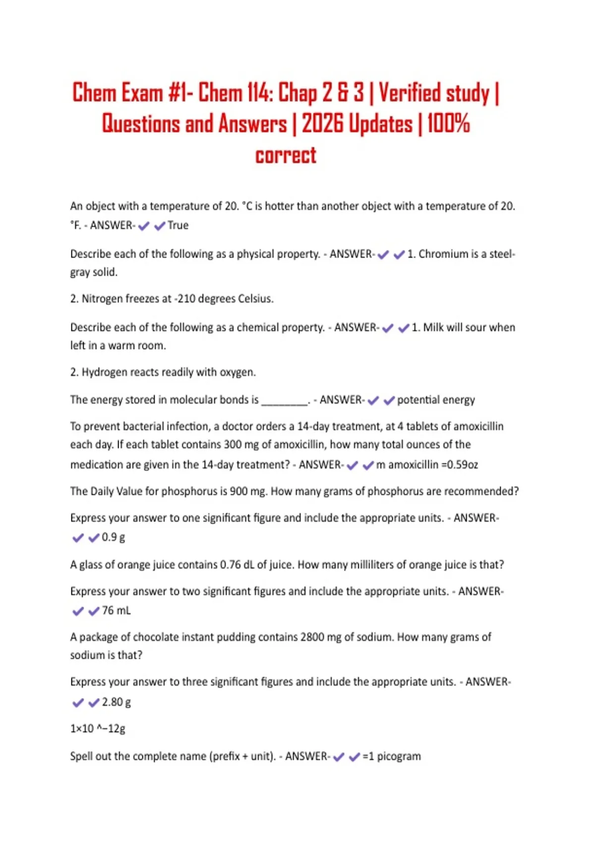 Chem Exam #1- Chem 114: Chap 2 & 3 | Verified study | Questions and ...