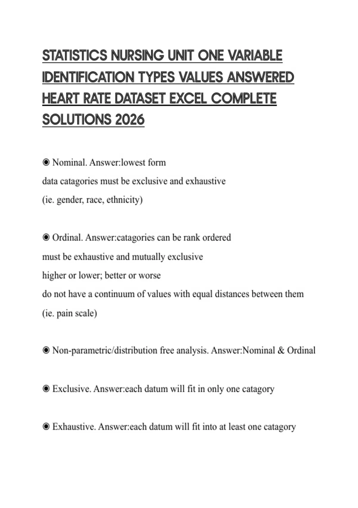 STATISTICS NURSING UNIT ONE VARIABLE IDENTIFICATION TYPES VALUES ...