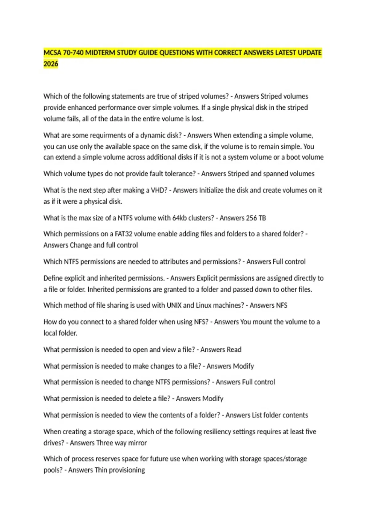 MCSA 70-740 MIDTERM STUDY GUIDE QUESTIONS WITH CORRECT ANSWERS LATEST ...