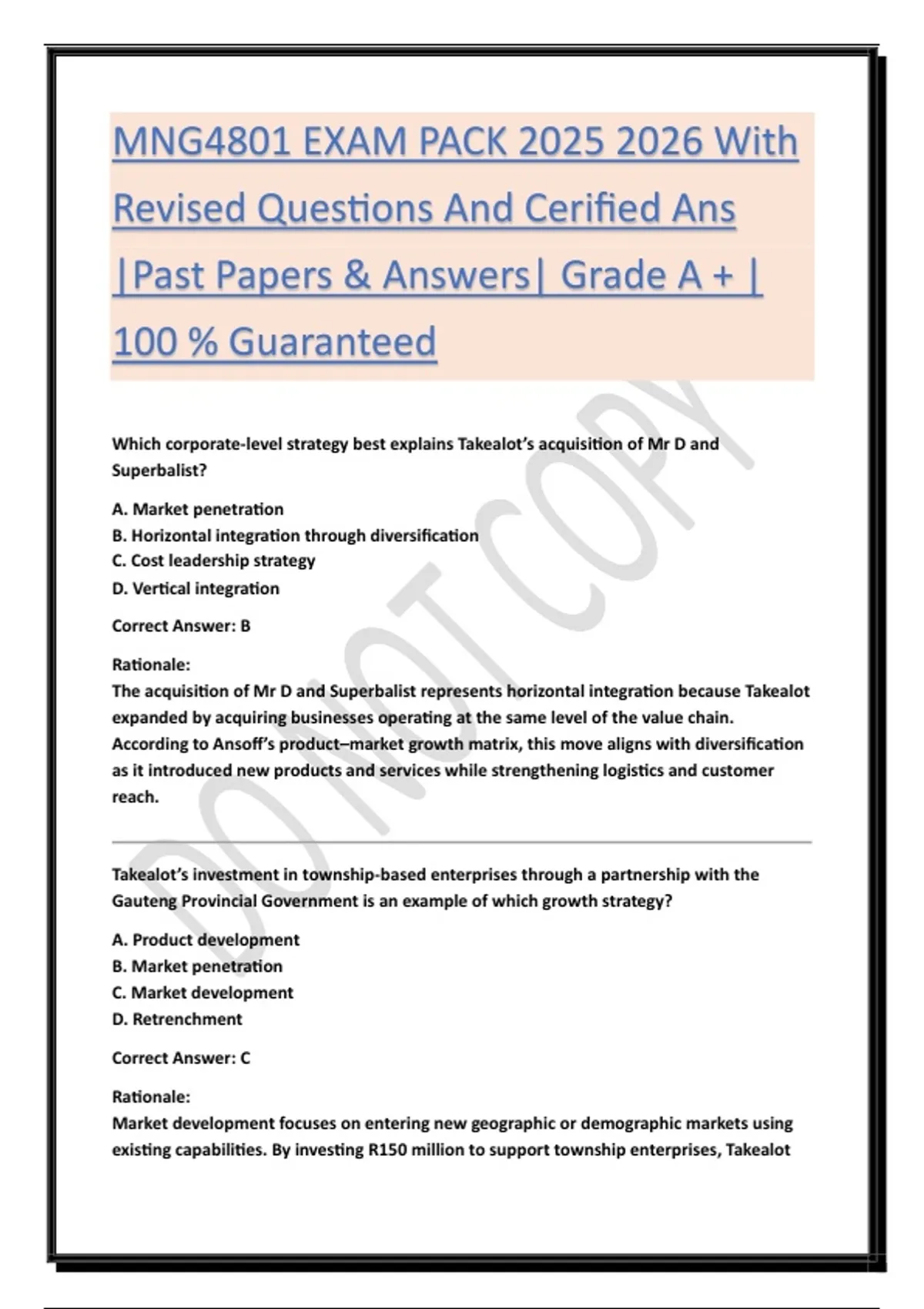 MNG4801 EXAM PACK With Revised Questions And Cerified Ans |Past Papers ...