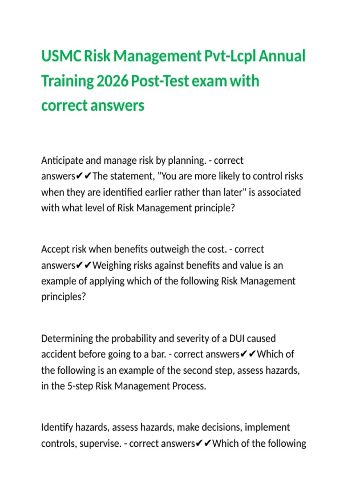 USMC Risk Management Pvt-Lcpl Annual Training 2026 Post-Test exam with ...
