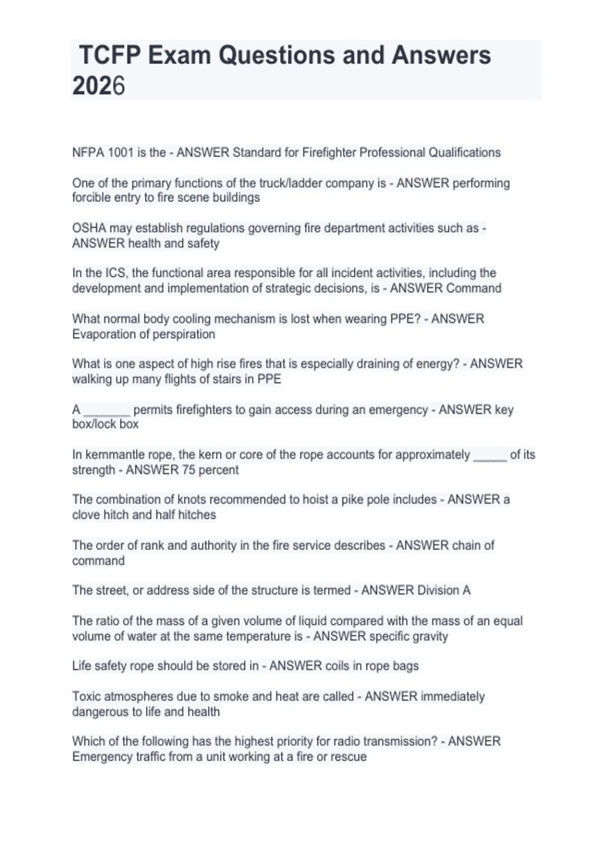 TCFP exam questions and answers, Texas Commission on Fire Protection ...