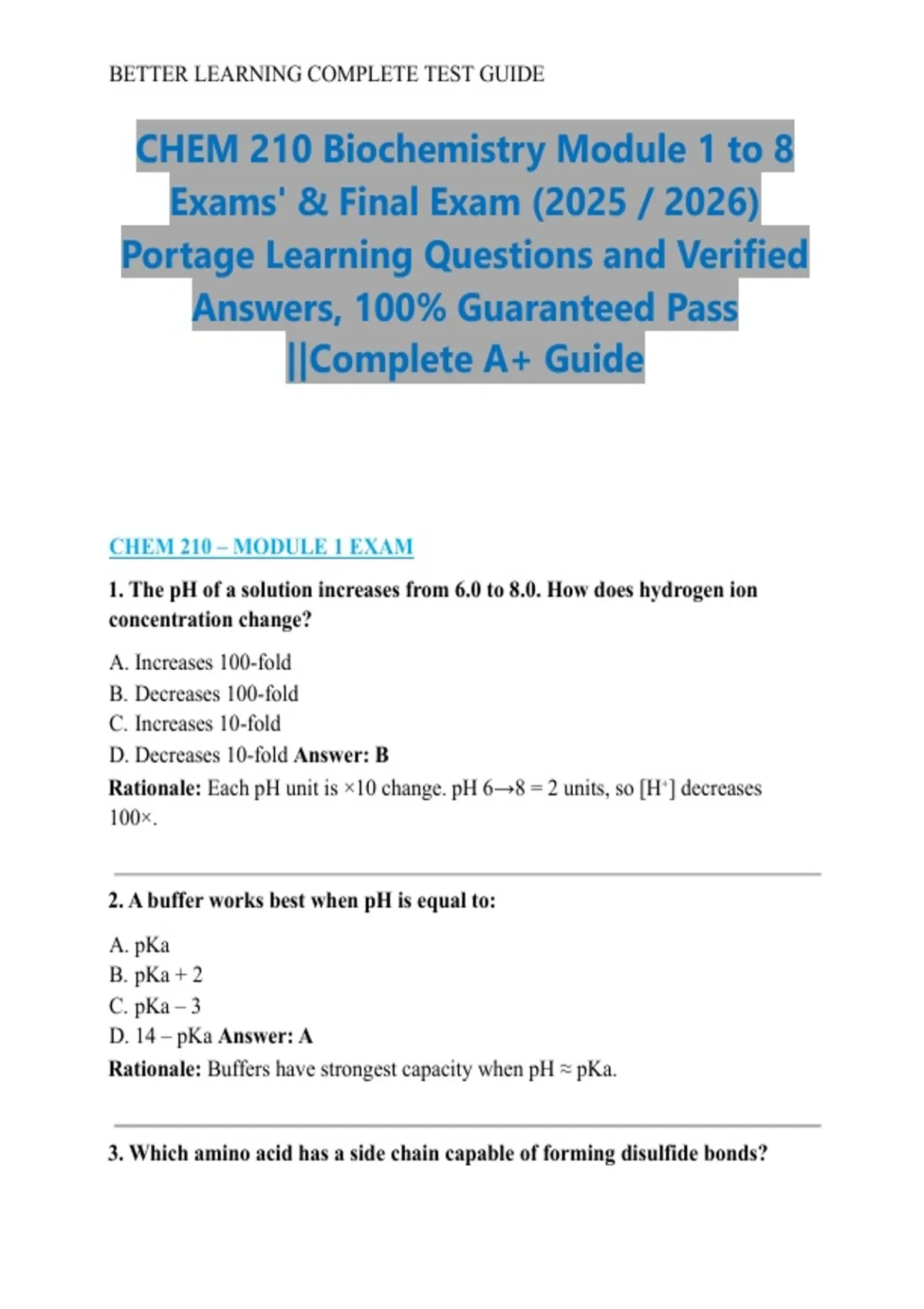 CHEM 210 Biochemistry – Modules 1–8 Exams and Final Exam, Portage ...
