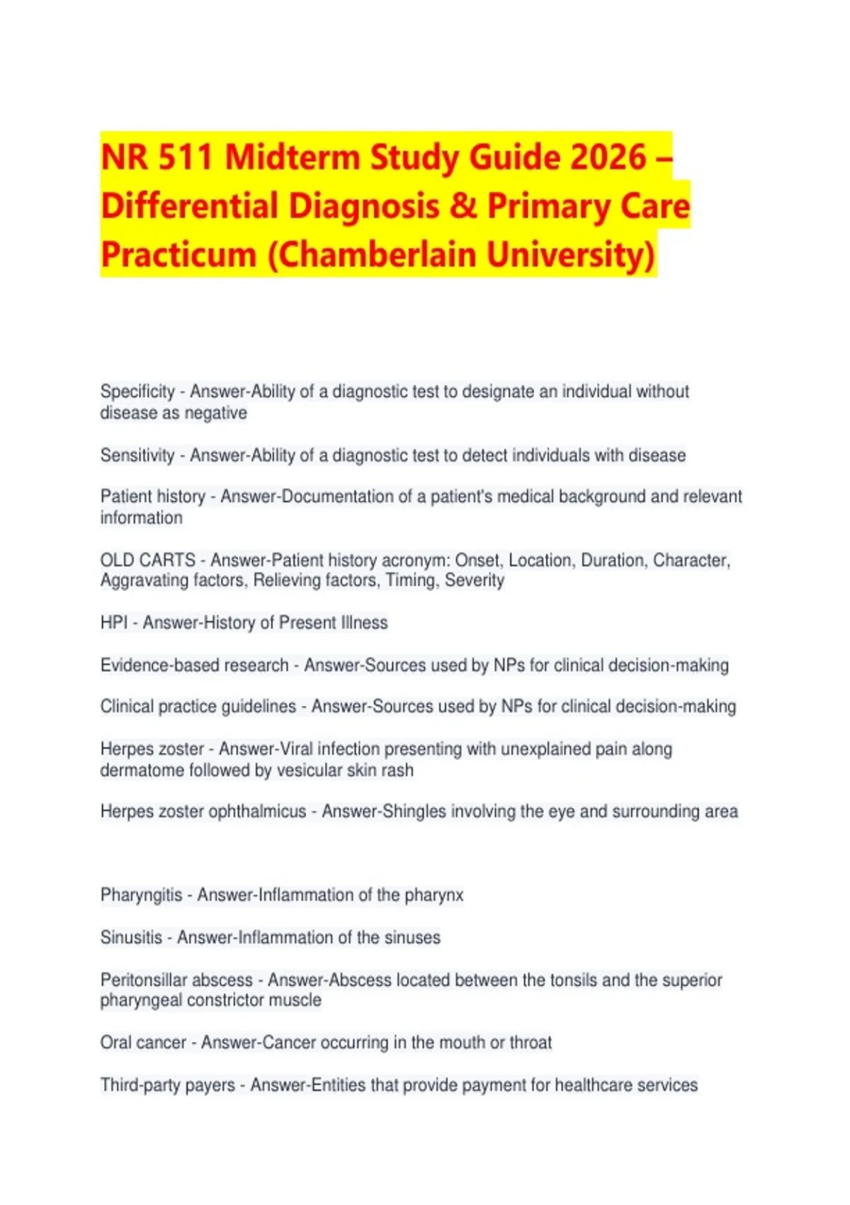NR 511 Midterm Study Guide 2026 – Differential Diagnosis & Primary Care ...