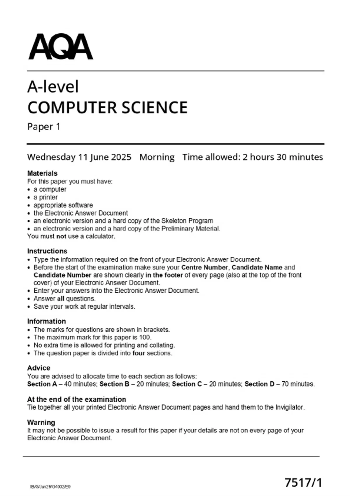 2025 AQA A-LEVEL Computer Science (7517) ALL EXAMS WITH QUESTION PAPERS ...
