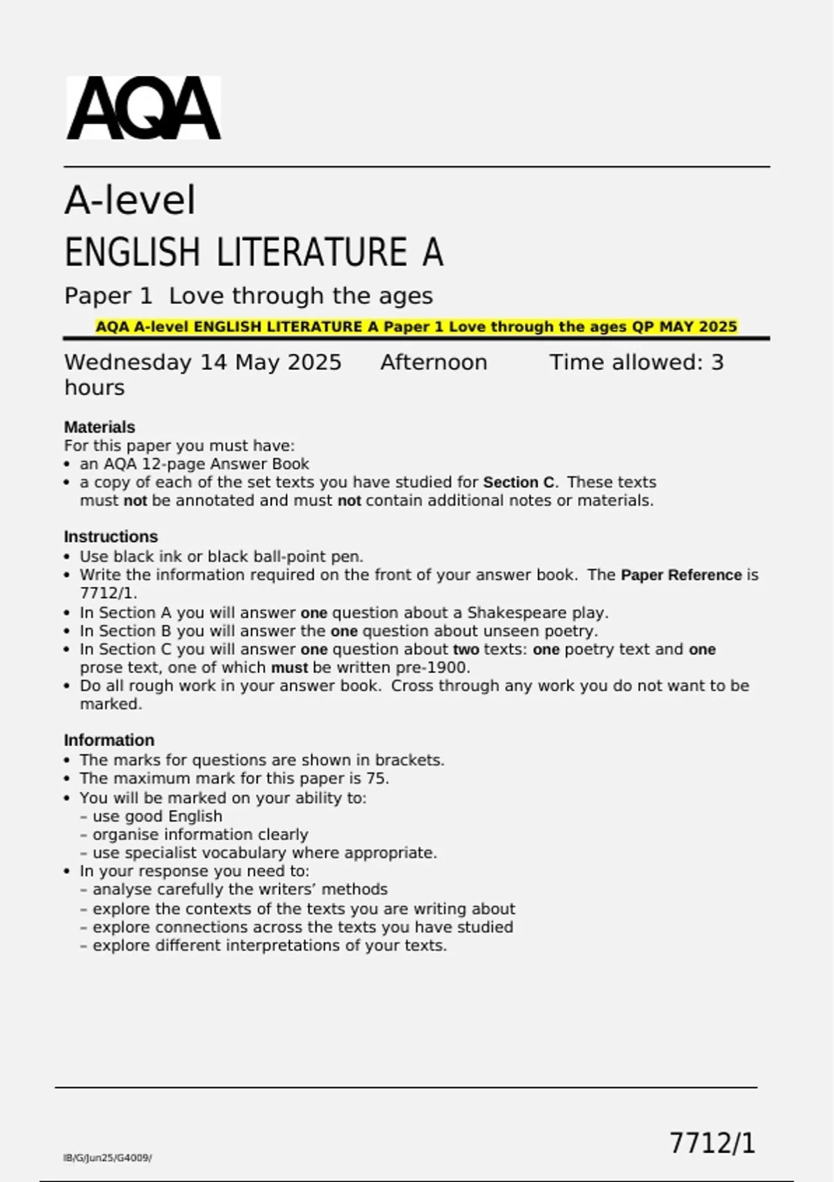 AQA A-level ENGLISH LITERATURE A Paper 1 Love through the ages QP MAY ...