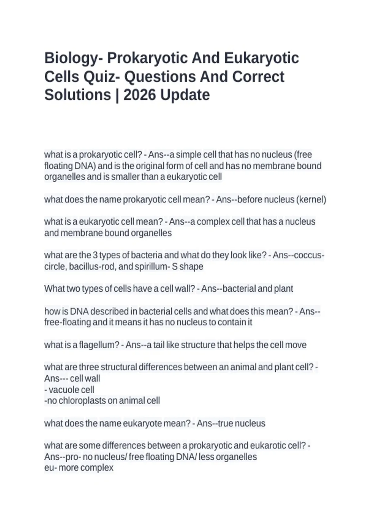 Biology- Prokaryotic And Eukaryotic Cells Quiz- Questions And Correct ...