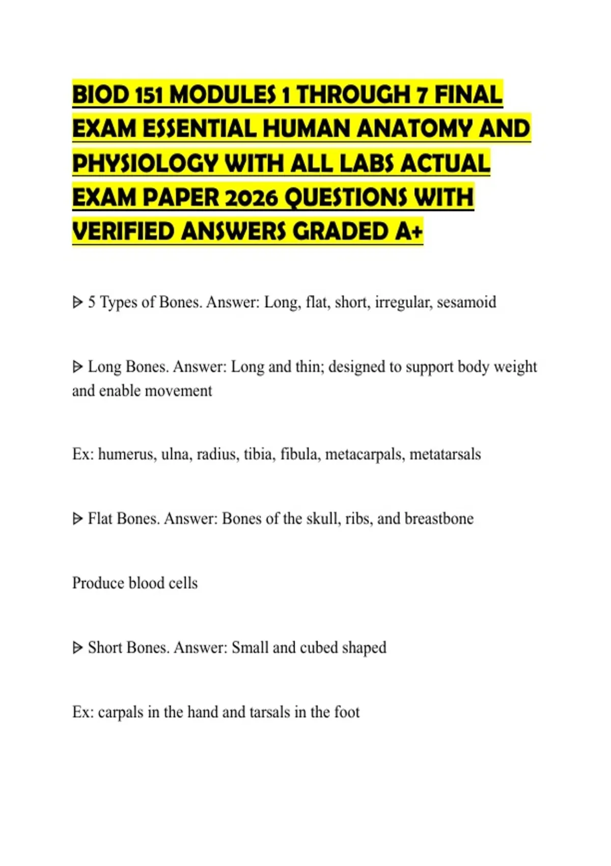 BIOD 151 MODULES 1 THROUGH 7 FINAL EXAM ESSENTIAL HUMAN ANATOMY AND ...