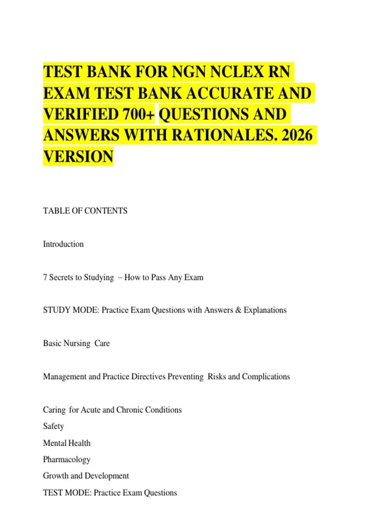 TEST BANK FOR NGN NCLEX RN EXAM 2026 WITH VERIFIED 700+ QUESTIONS AND ...
