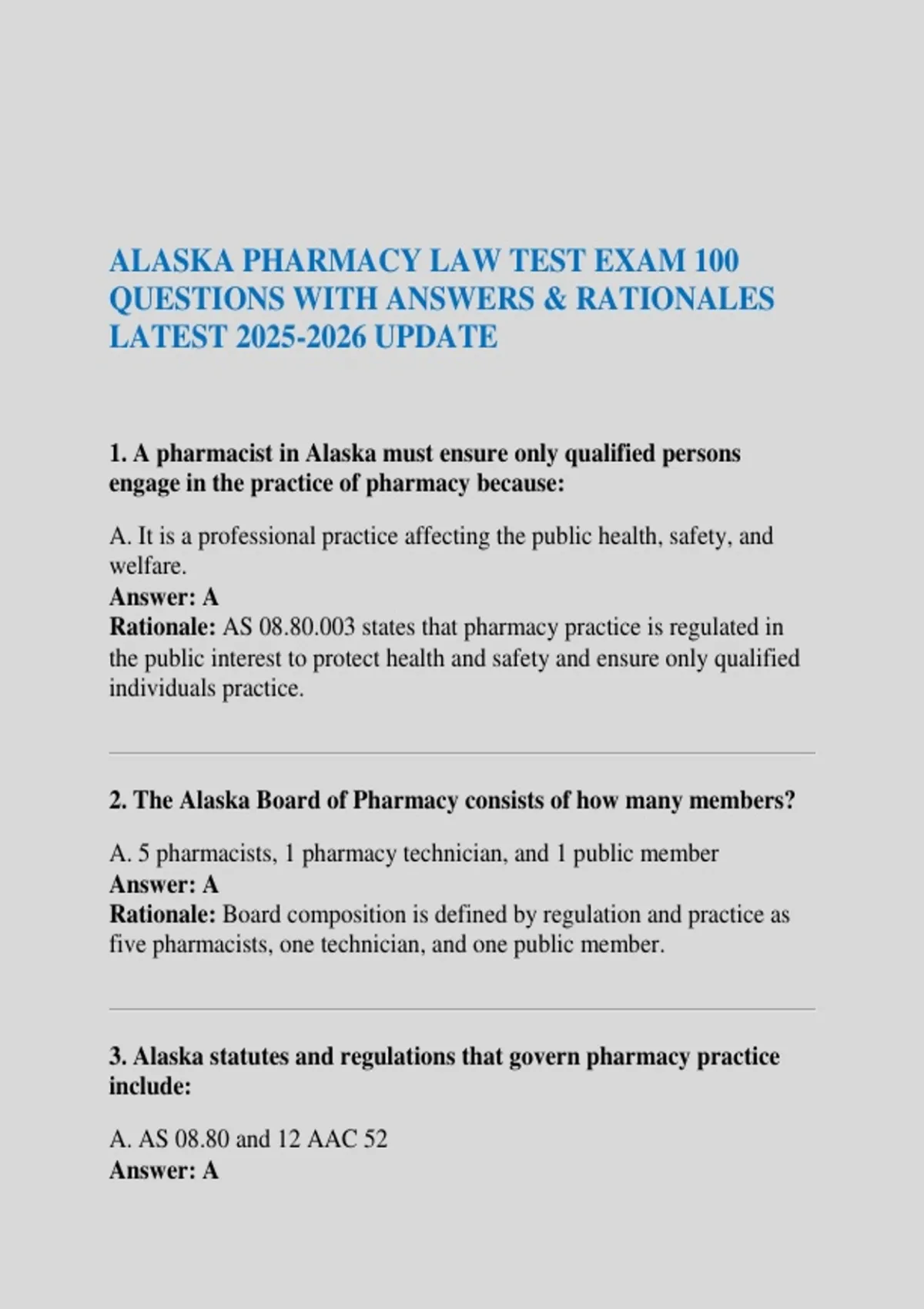 ALASKA PHARMACY LAW TEST EXAM 100 QUESTIONS WITH ANSWERS & RATIONALES ...