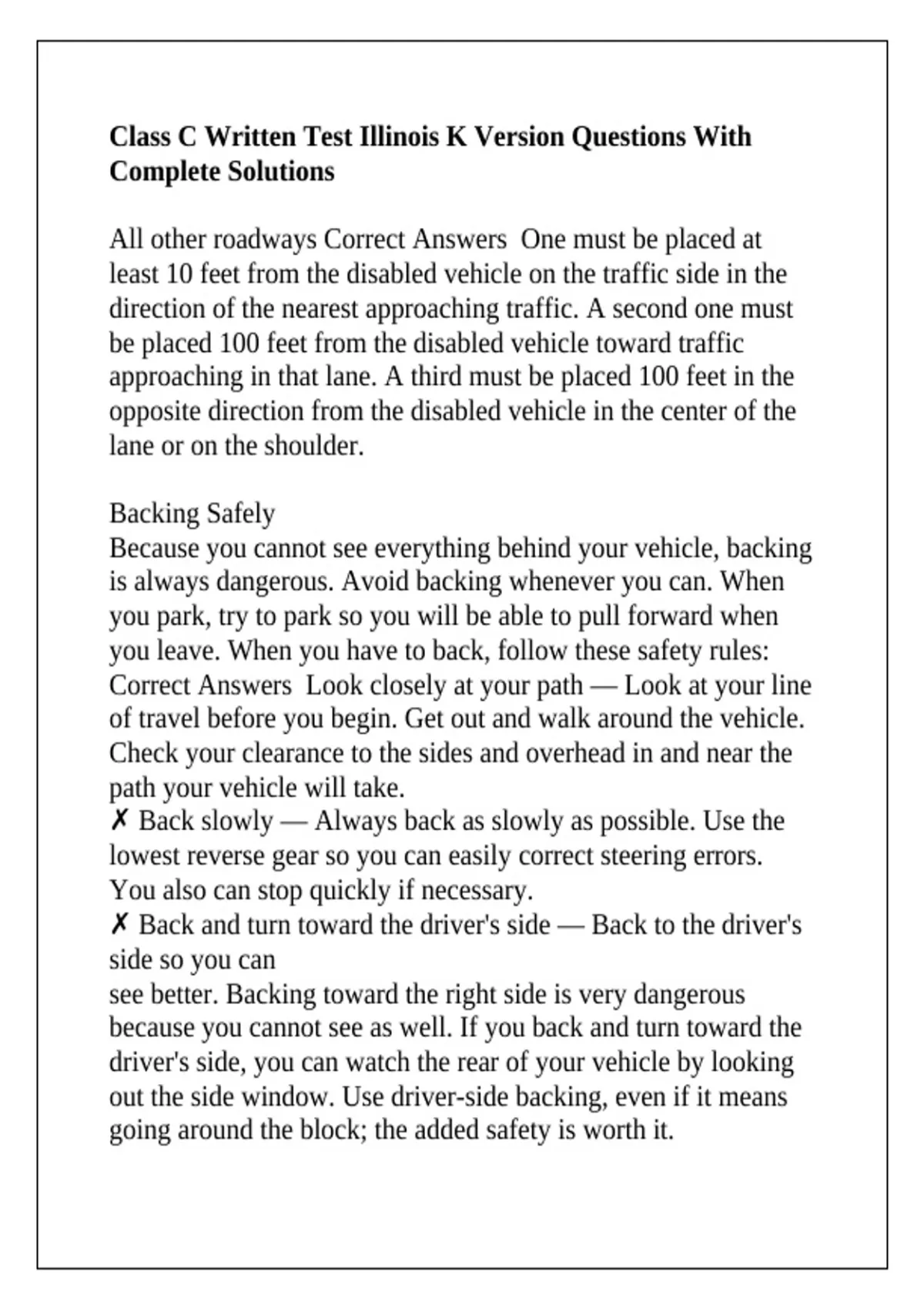 Class C Written Test Illinois K Version Questions With Complete ...
