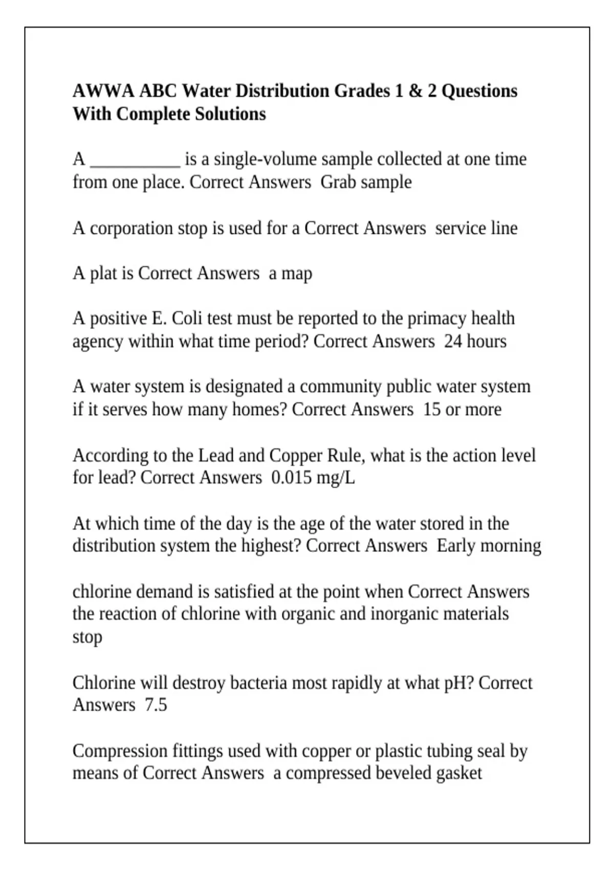 AWWA ABC Water Distribution Grades 1 & 2 Questions With Complete ...