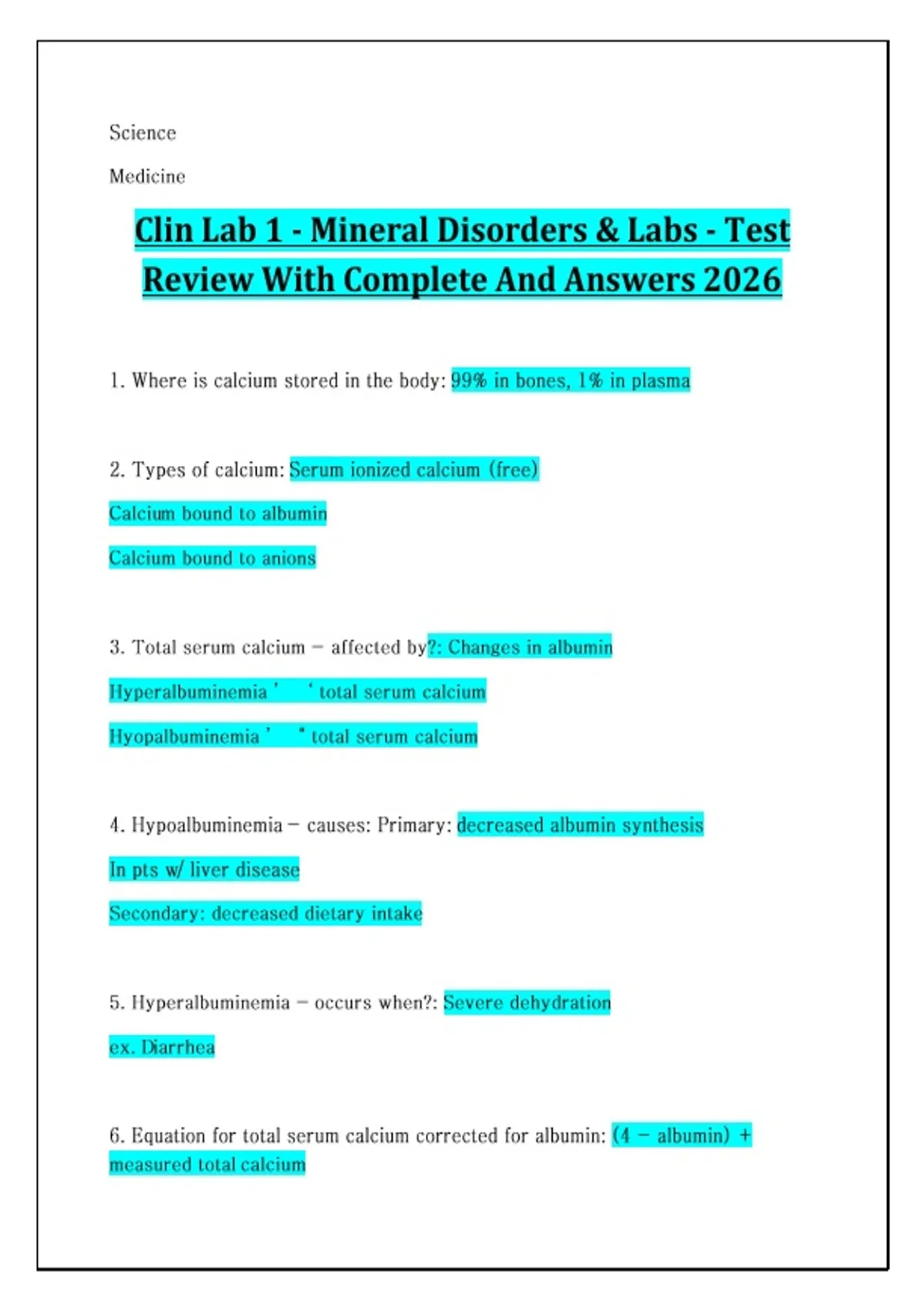 Clin Lab 1 - Mineral Disorders & Labs - Test Review With Complete And ...