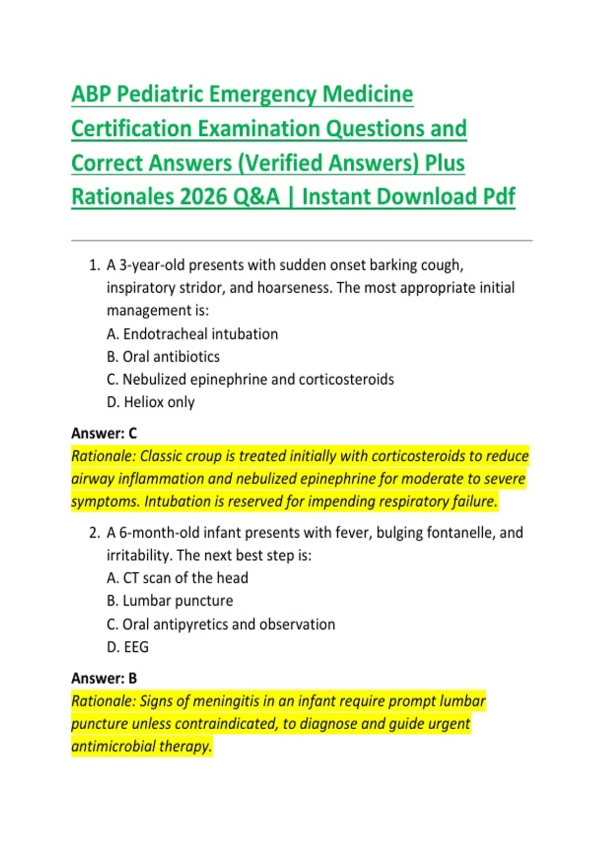 ABP Pediatric Emergency Medicine Certification Examination Questions ...