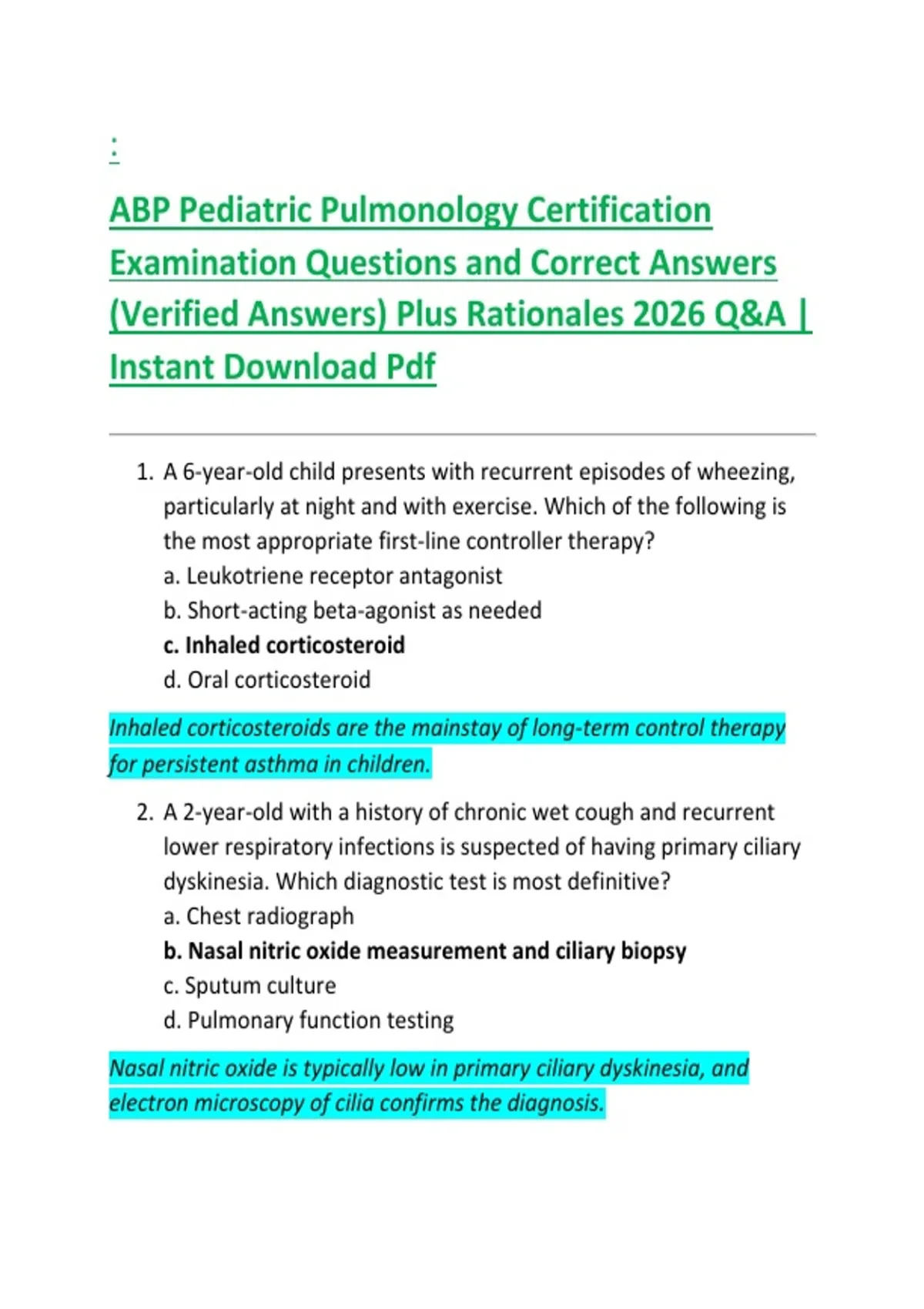 ABP Pediatric Pulmonology Certification Examination Questions and ...
