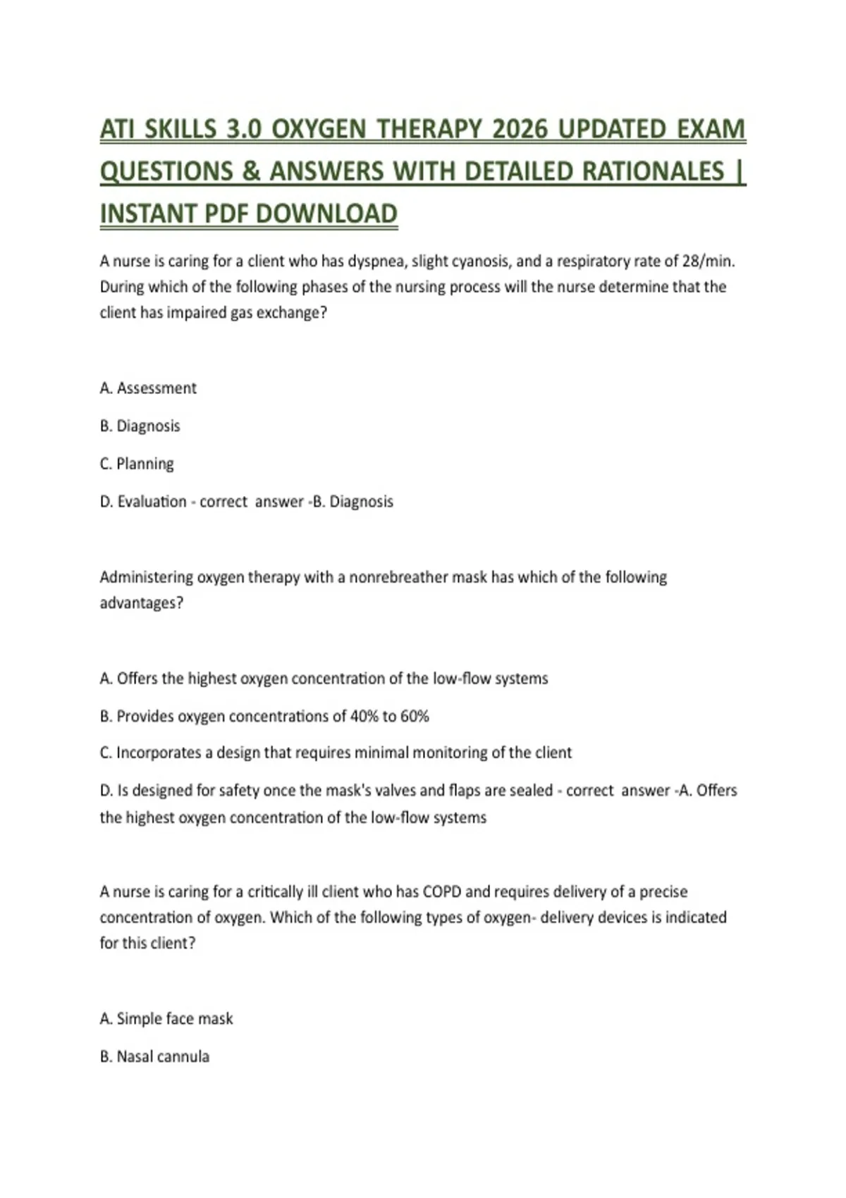 ATI SKILLS 3.0 OXYGEN THERAPY 2026 UPDATED EXAM QUESTIONS & ANSWERS ...