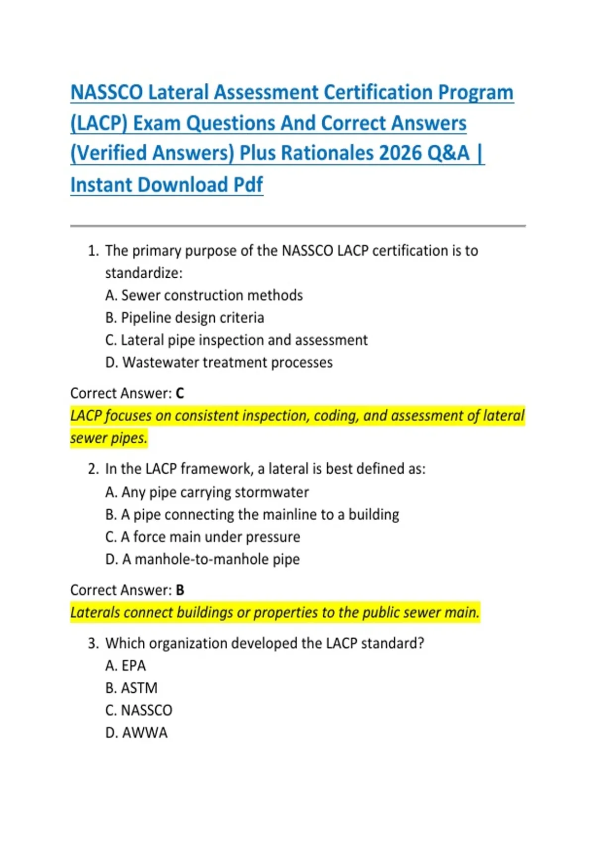 NASSCO Lateral Assessment Certification Program (LACP) Exam Questions ...