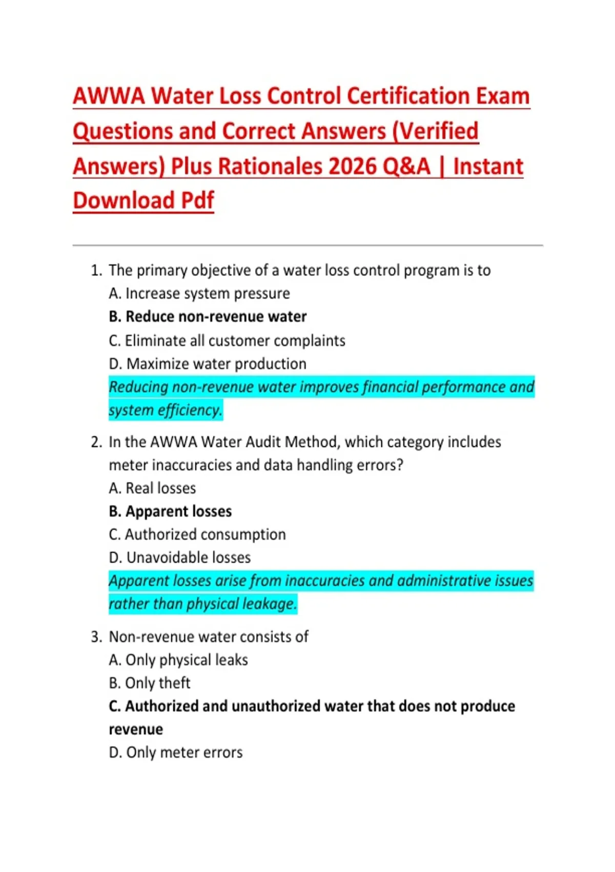 AWWA Water Loss Control Certification Exam Questions and Correct ...