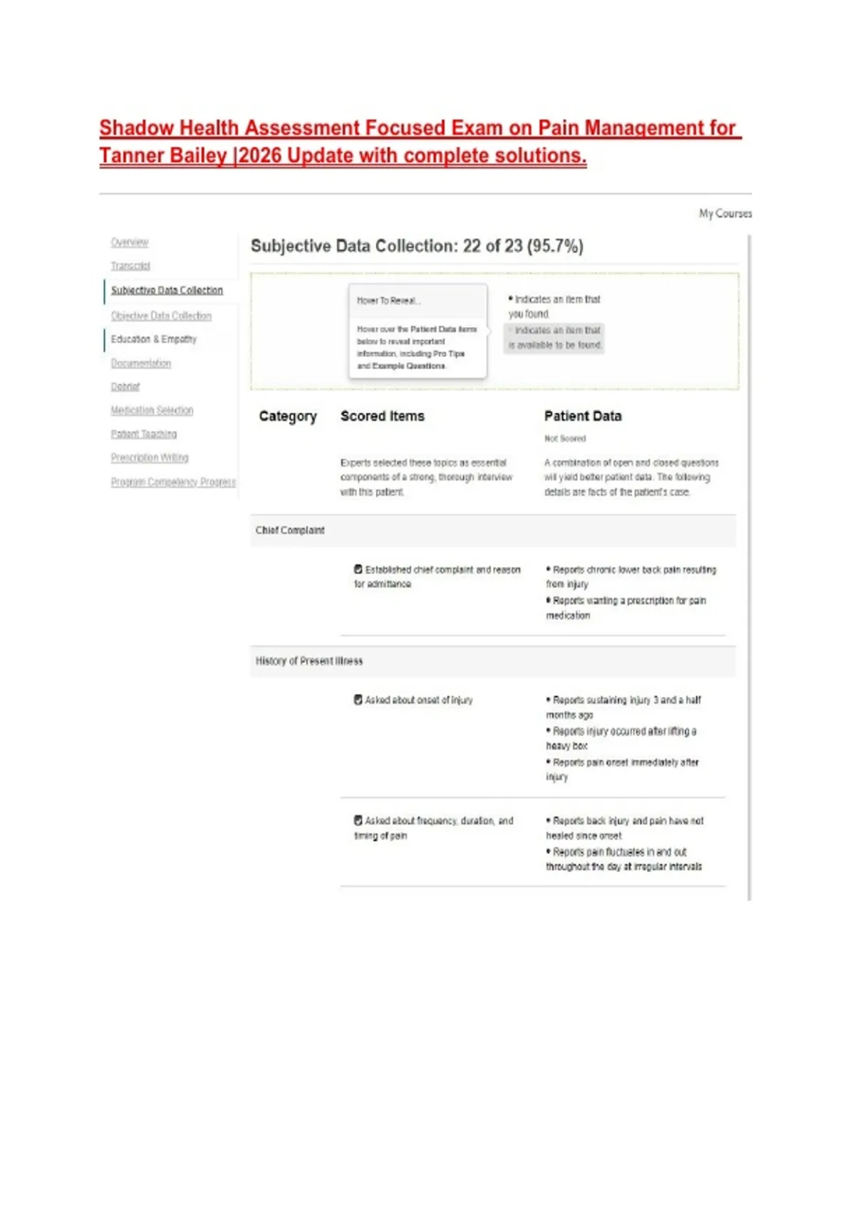 Shadow Health Assessment Focused Exam on Pain Management for Tanner ...