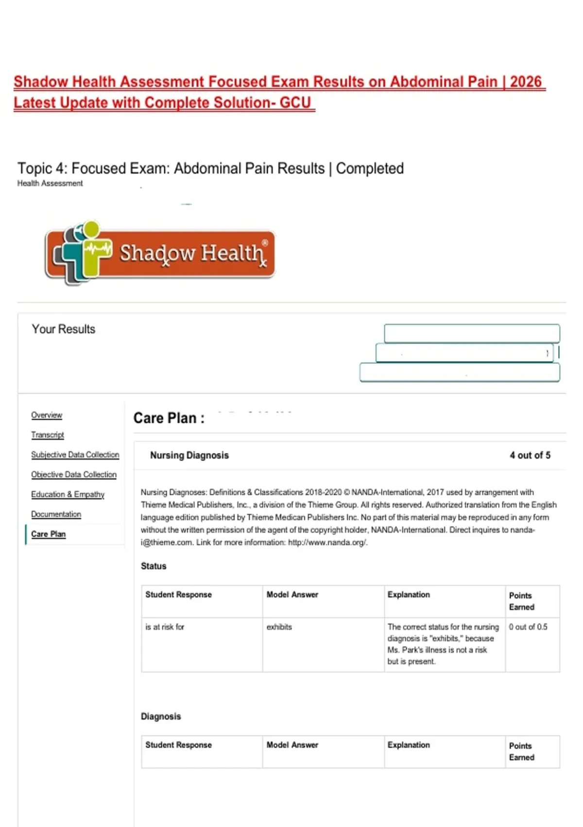 Shadow Health Assessment Focused Exam Results on Abdominal Pain | 2026 ...