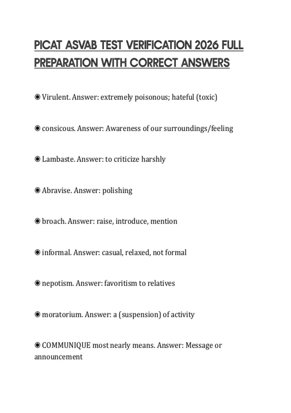 PICAT ASVAB TEST VERIFICATION 2026 FULL PREPARATION WITH CORRECT ...