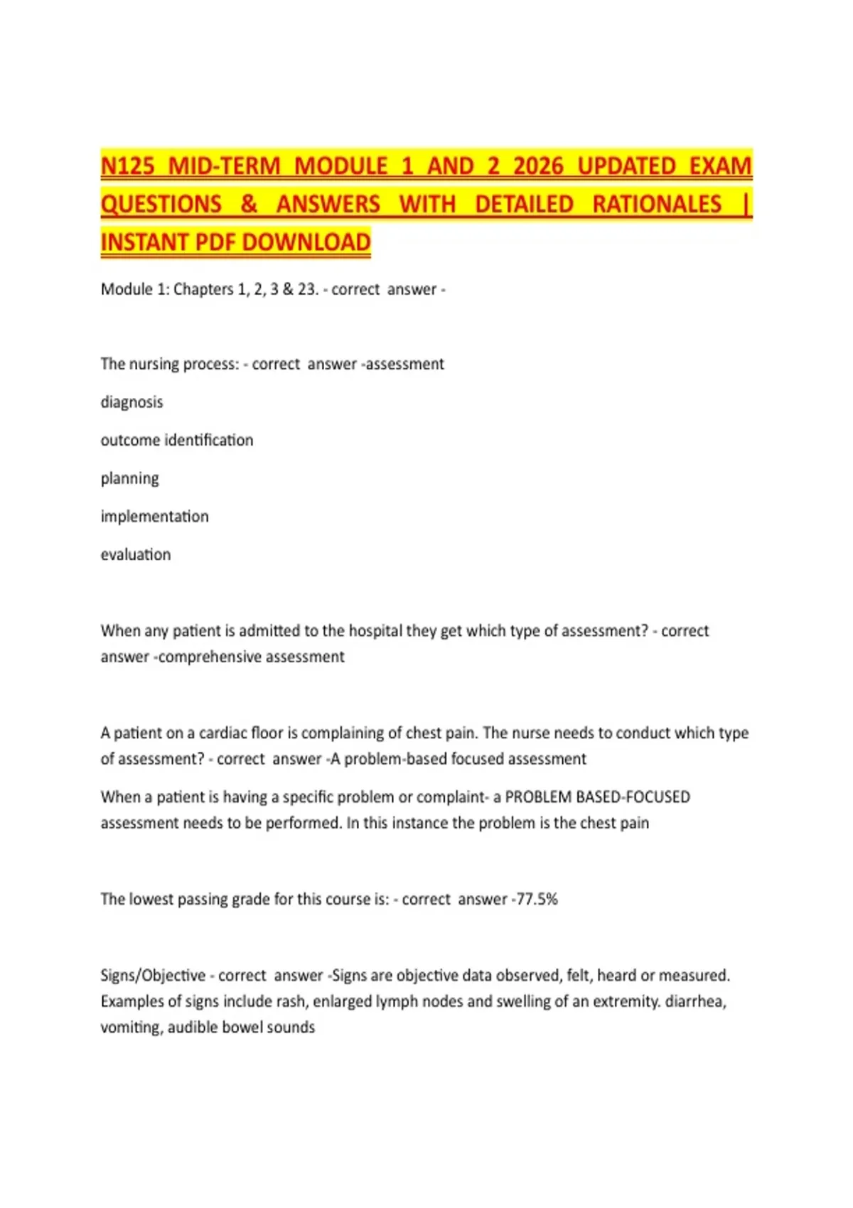 N125 Mid-Term Module 1 and 2 2026 Updated Exam Questions & Answers With ...